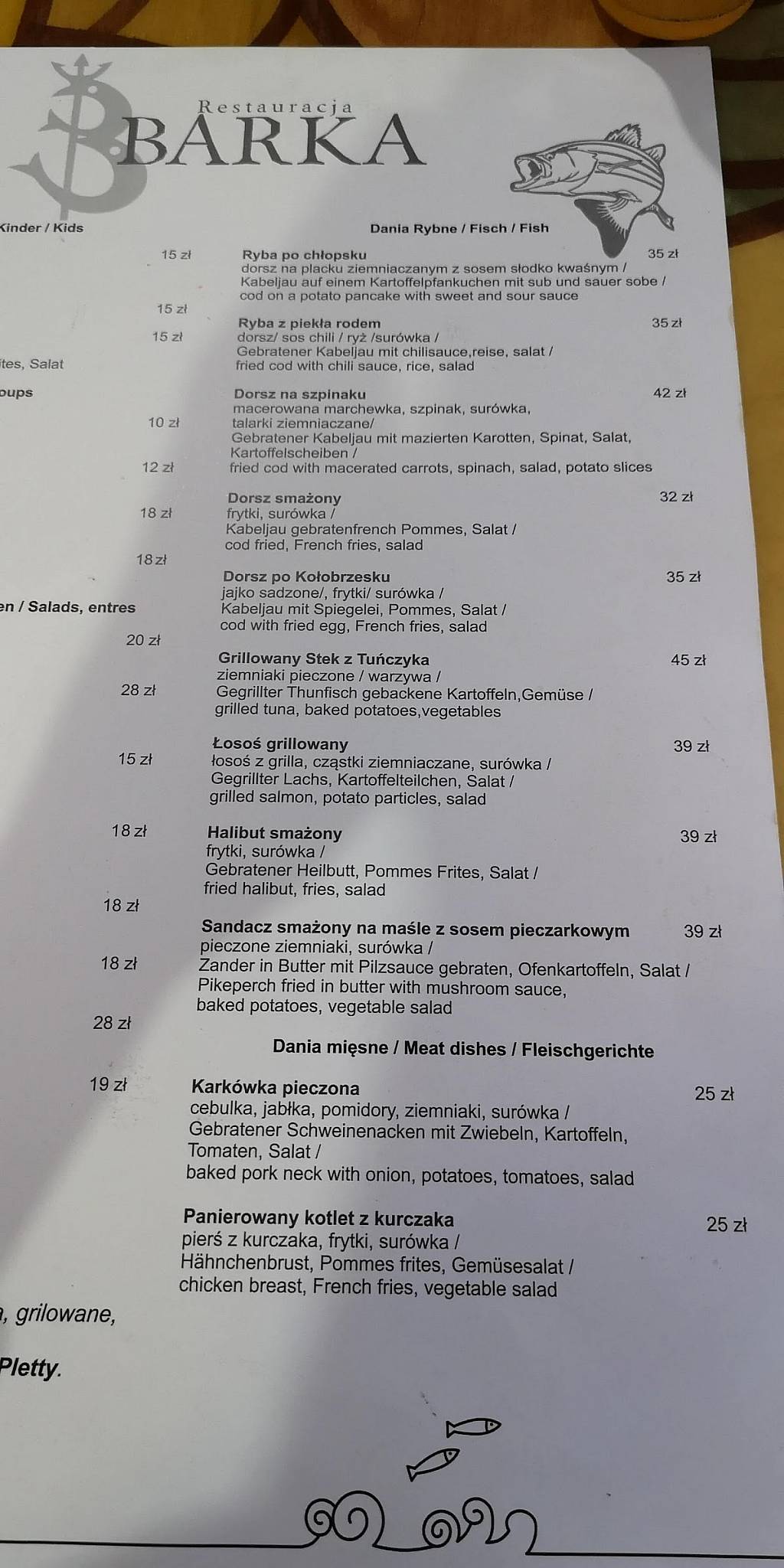 Menu at Restauracja Barka, Kolobrzeg