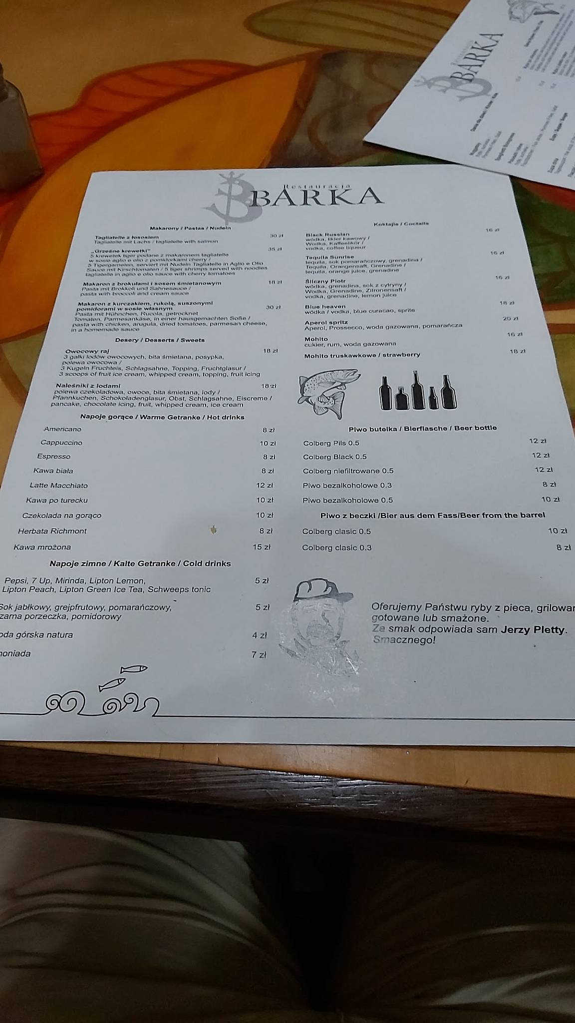 Menu at Restauracja Barka, Kolobrzeg