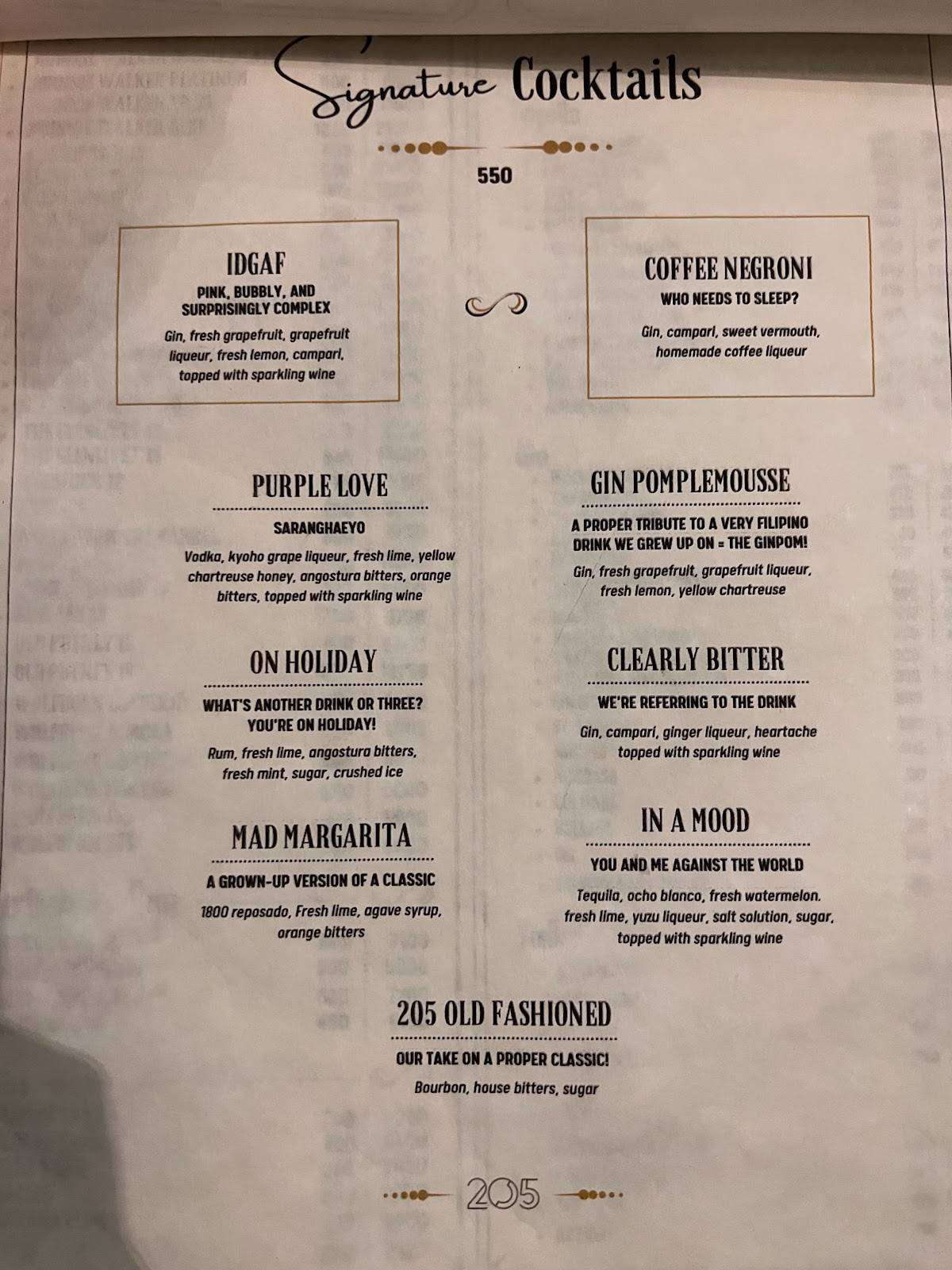 Menu at 205 BGC restaurant, Taguig