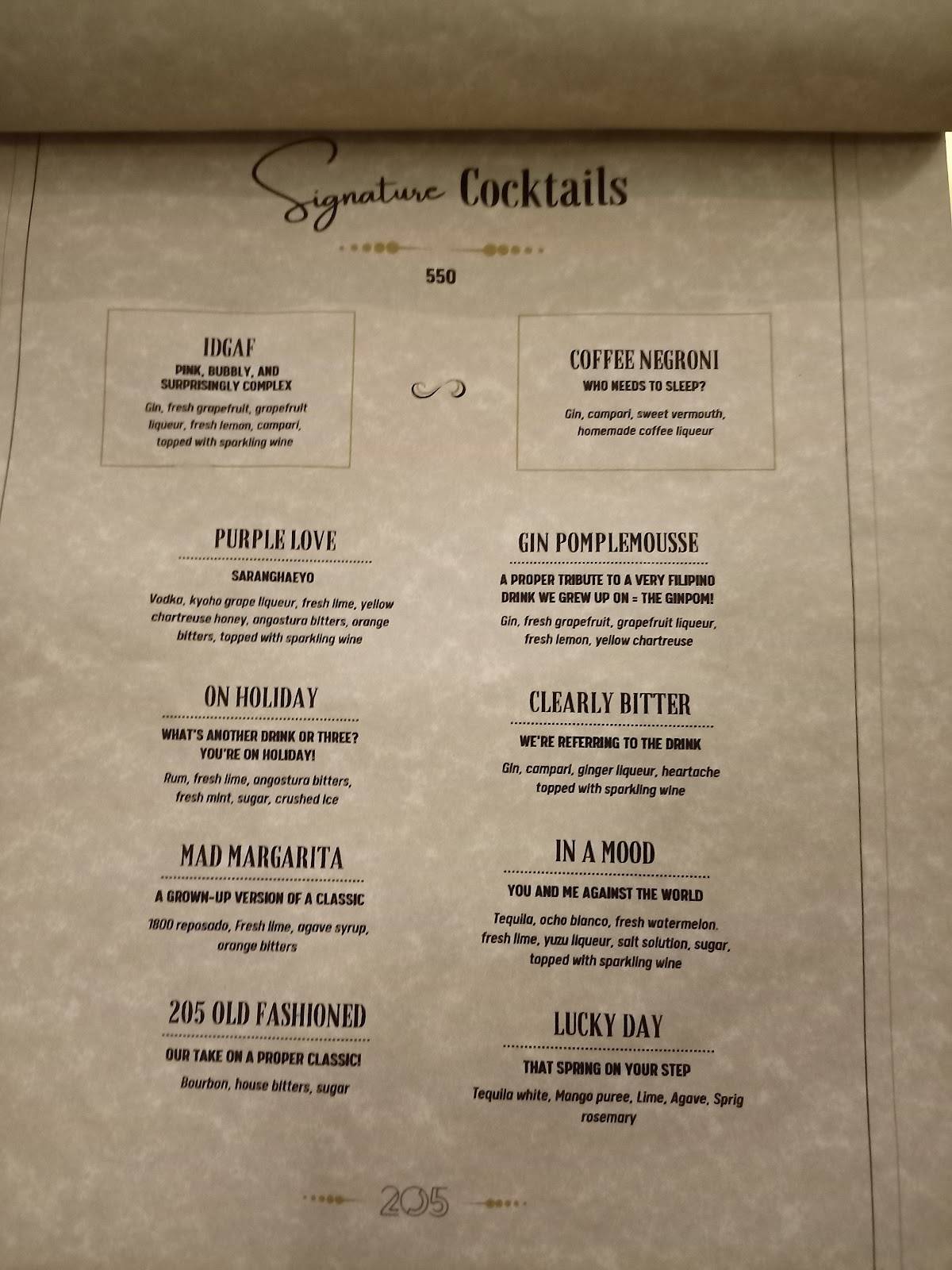 Menu at 205 BGC restaurant, Taguig