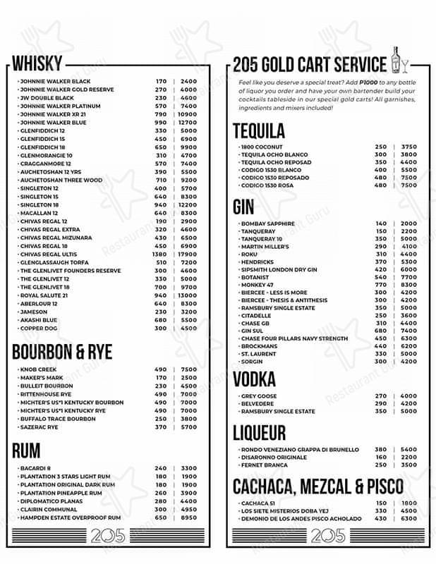 Menu at 205 BGC restaurant, Taguig