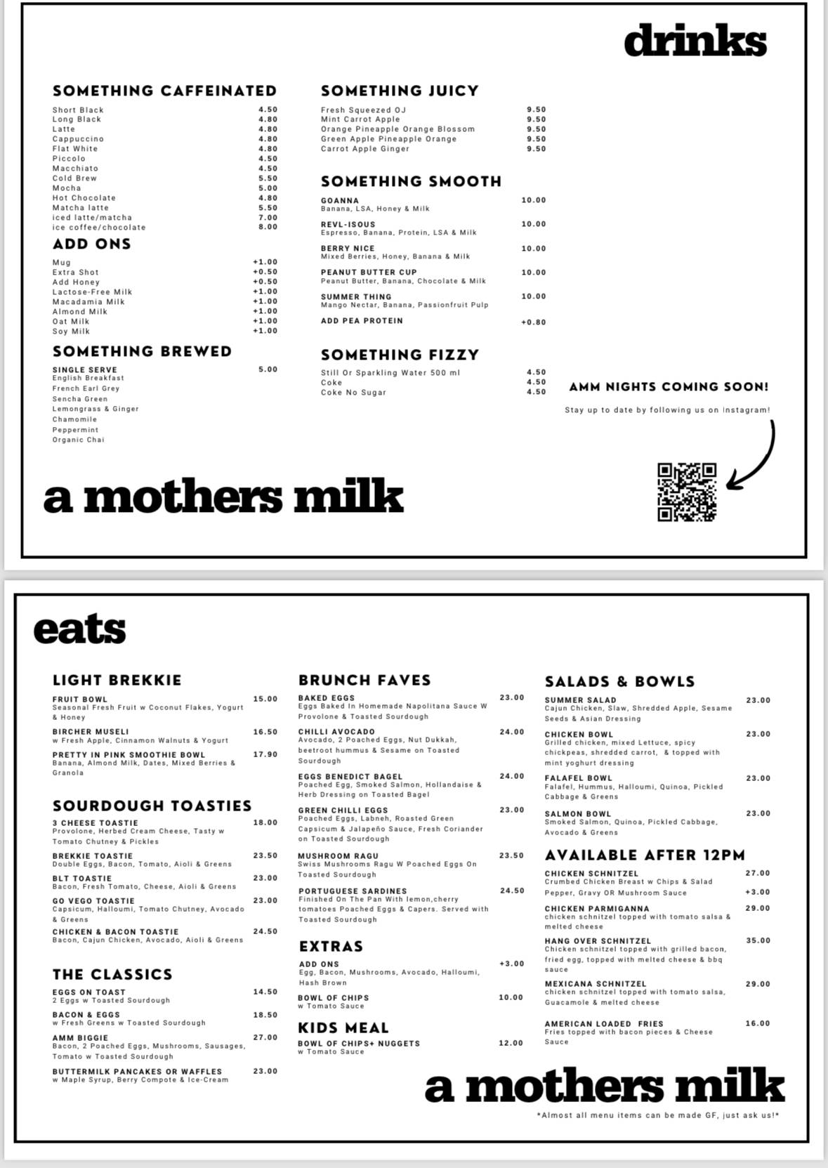 Menu at A Mother's Milk Unley restaurant, Unley, 105 Unley Rd