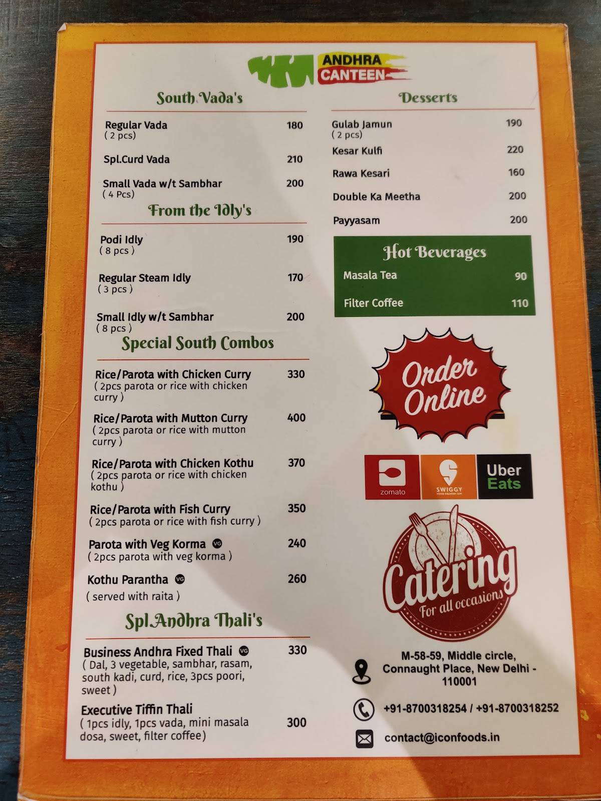 Menu at ANDHRA CANTEEN, New Delhi