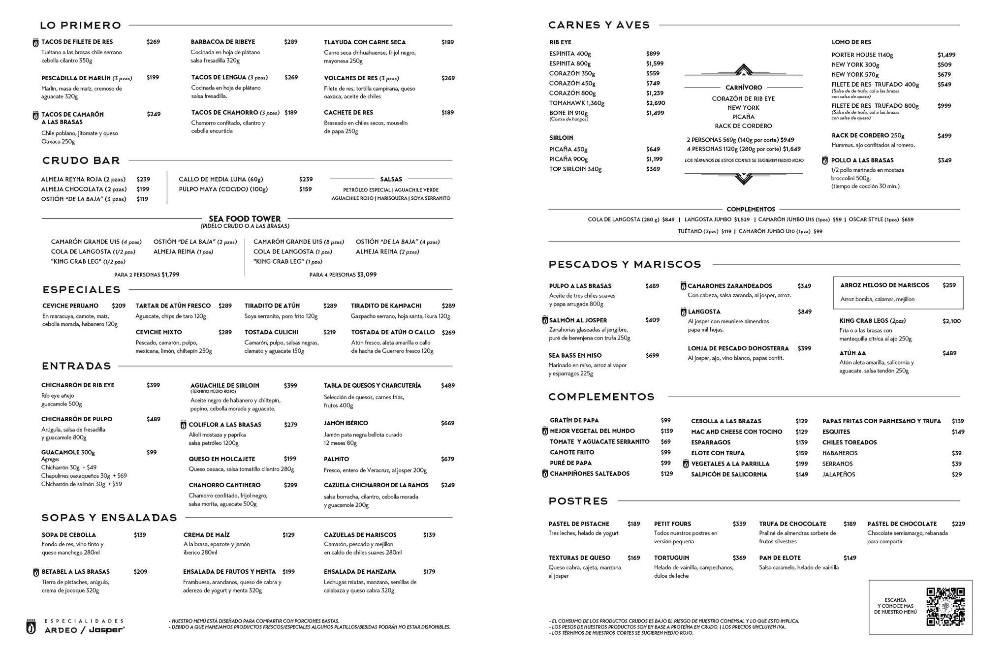 Menu at ARDEO restaurant, Ciudad Juarez