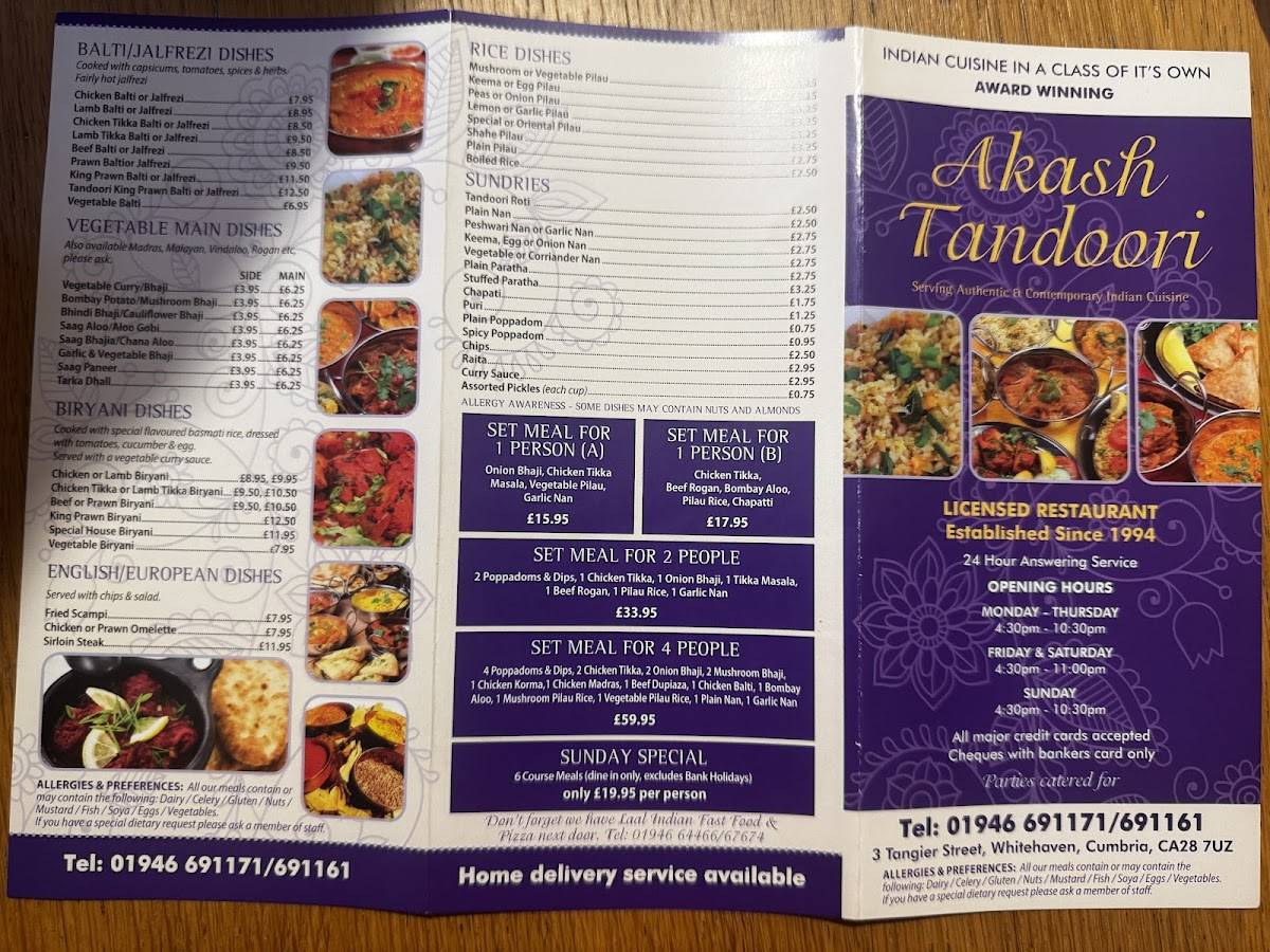 Menu at Akash Tandoori Restaurant, Whitehaven