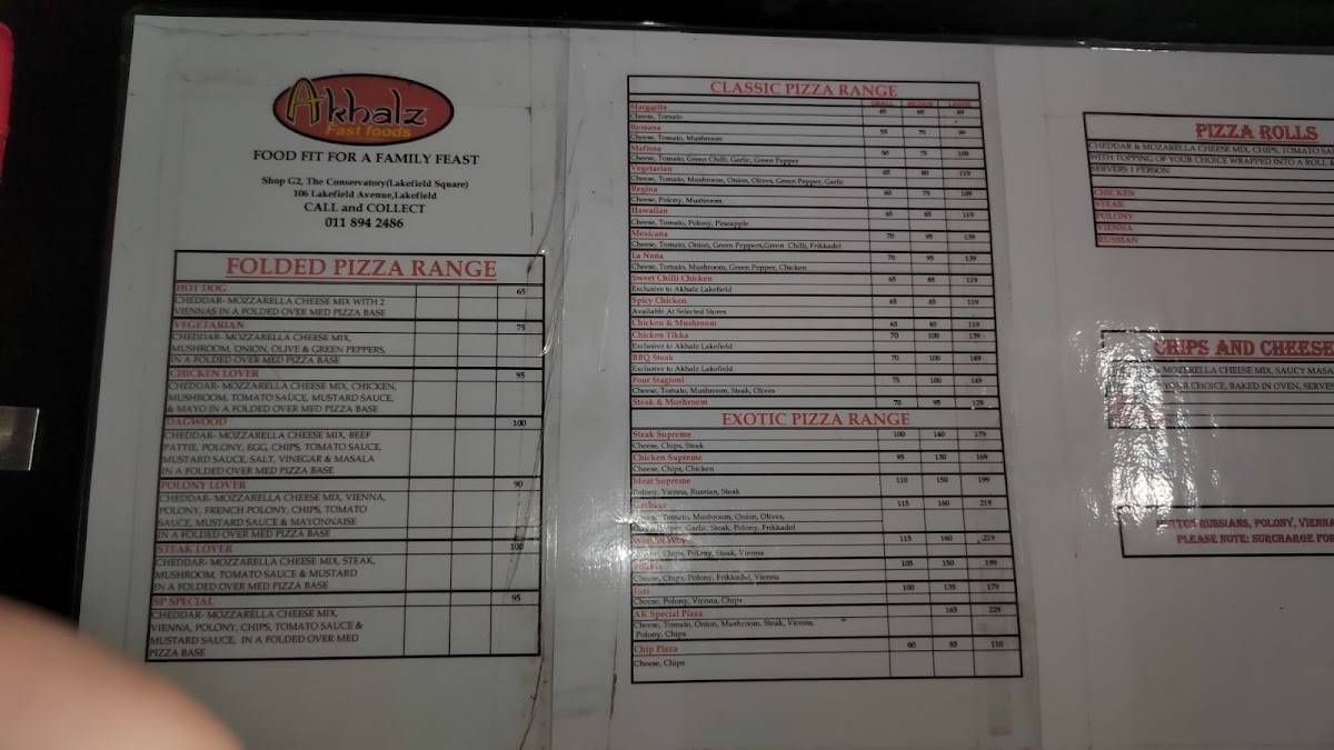 Menu at Akhalz Lakefield restaurant, Benoni