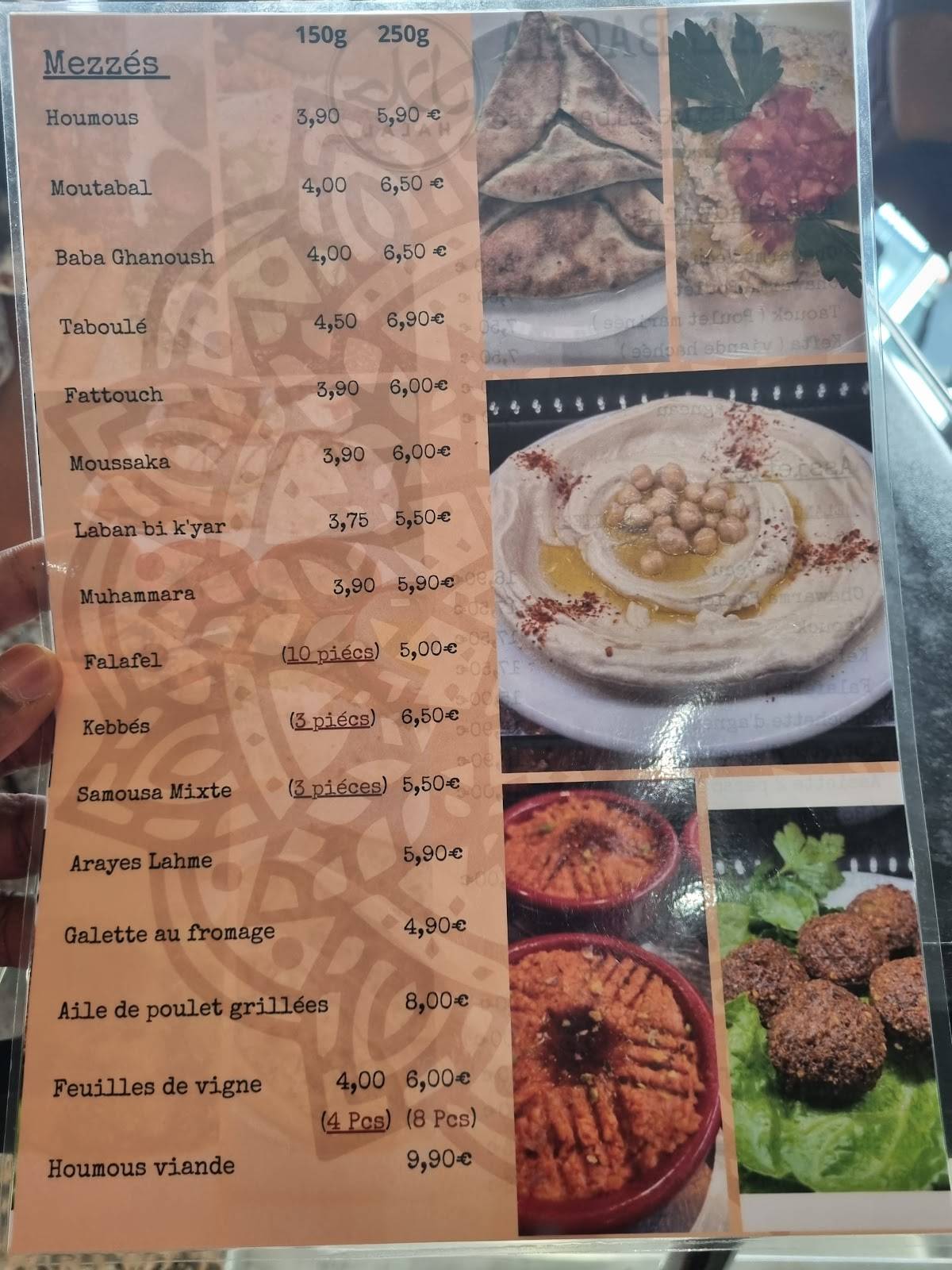 Menu at Al Bacha restaurant, Lyon