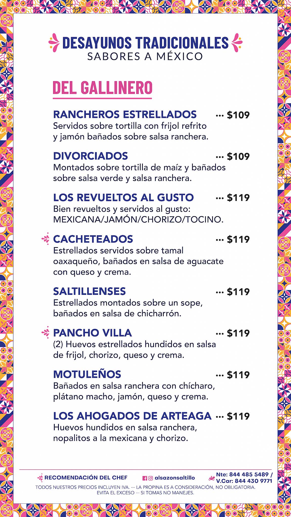 Carta del restaurante Al Sazón Mexicano, Saltillo