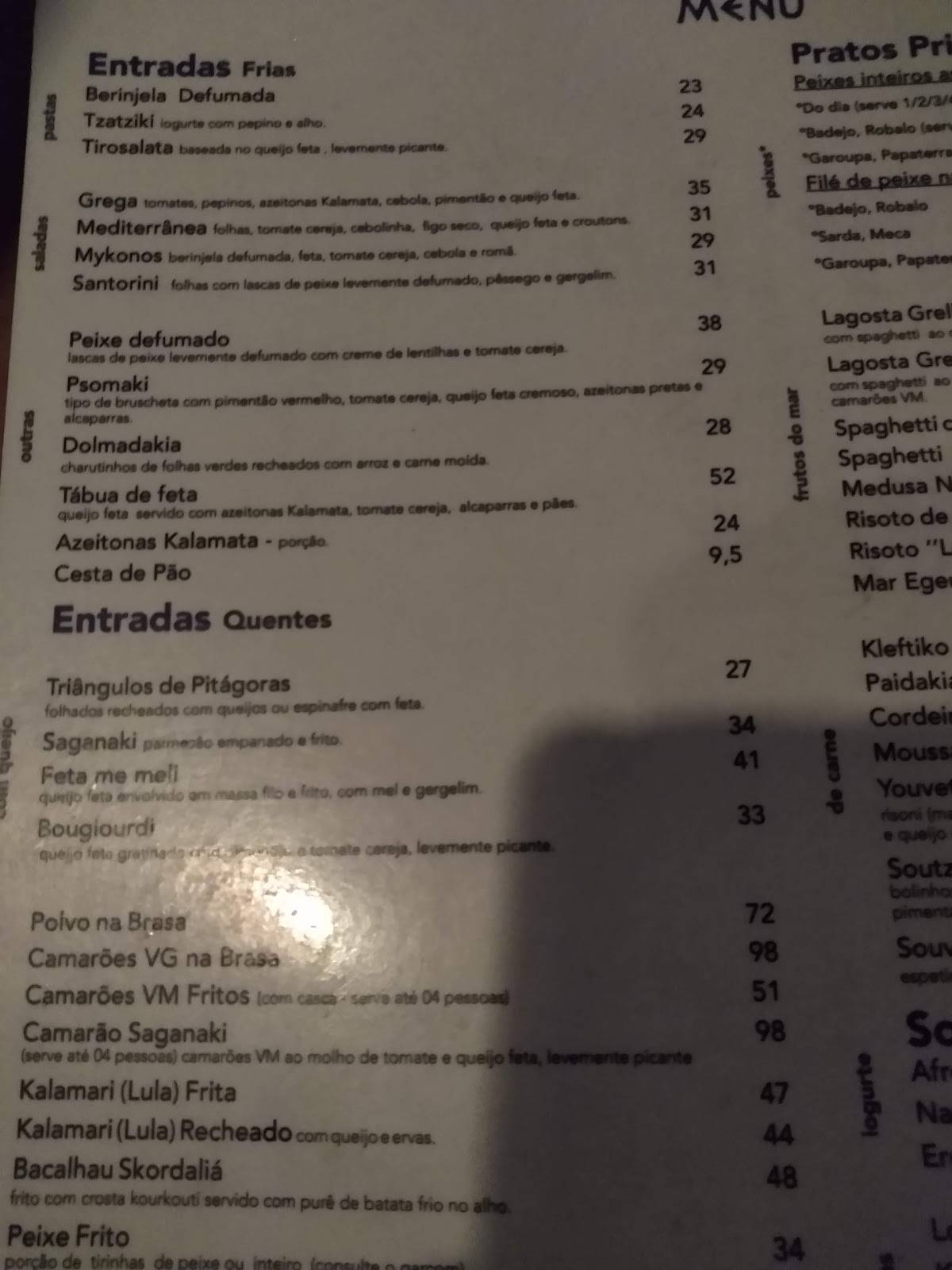 Menu em Thalassa Culinaria Grega Mediterrânea restaurante, Vitoria