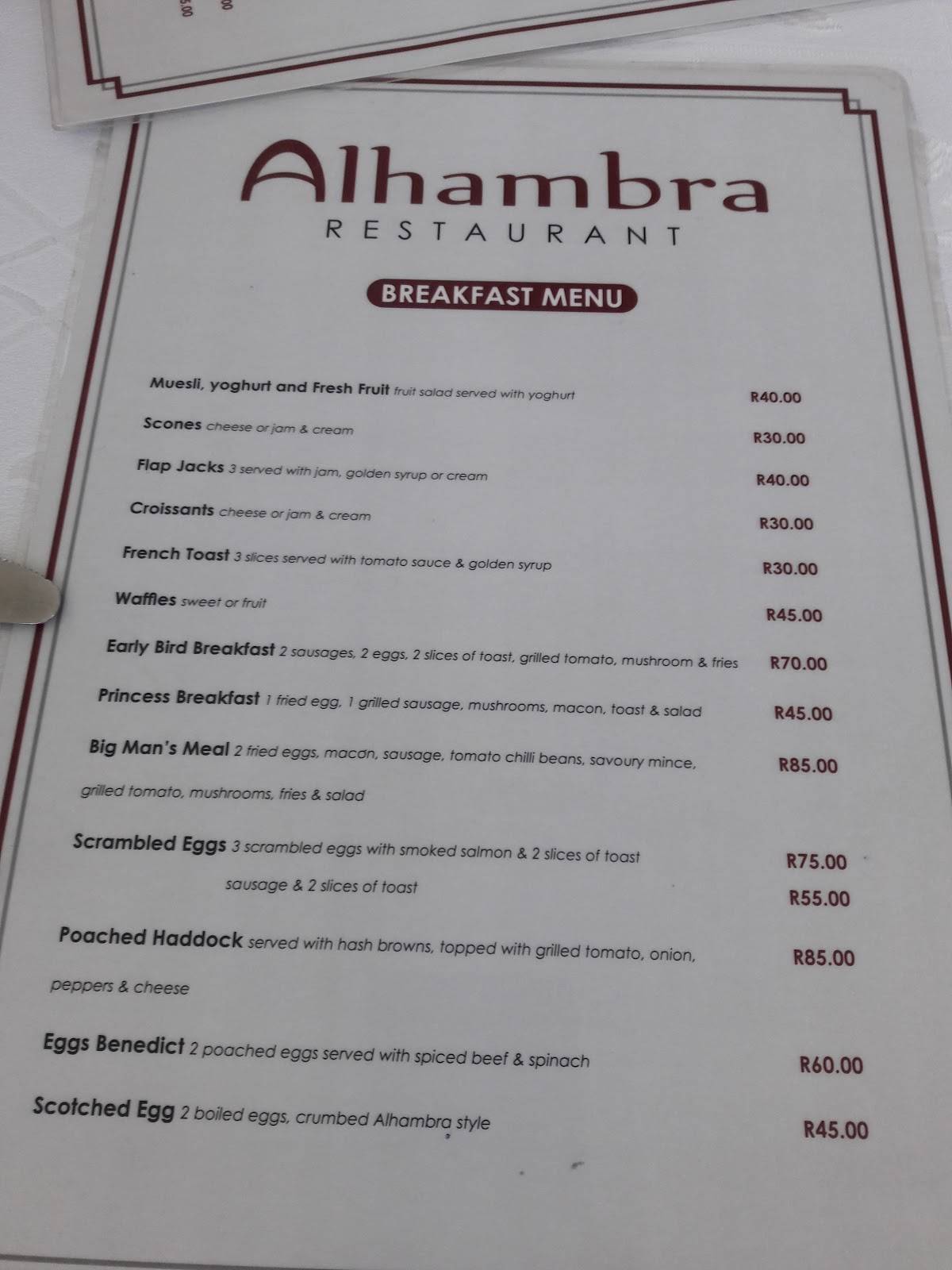 Menu at Alhambra Restaurant, Cape Town
