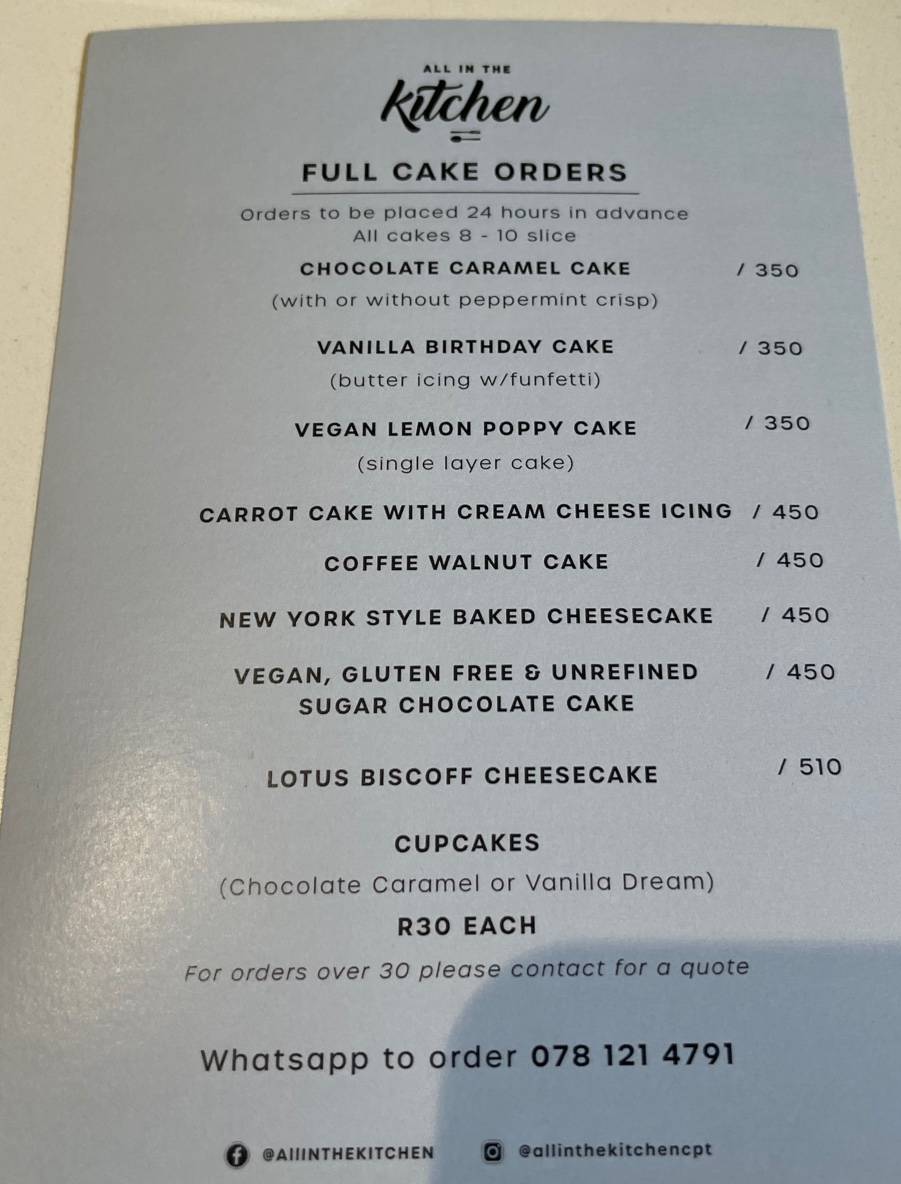 Menu at All in the Kitchen Deli cafe, Cape Town