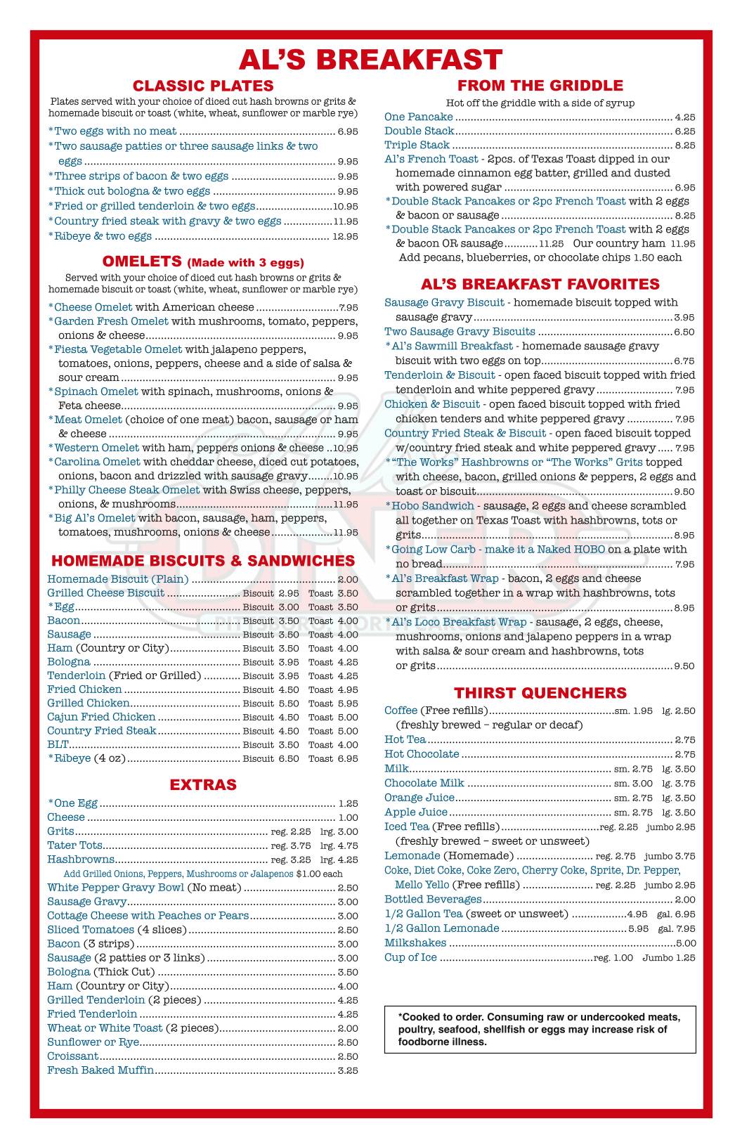 Menu at Al's Diner restaurant, Pittsboro