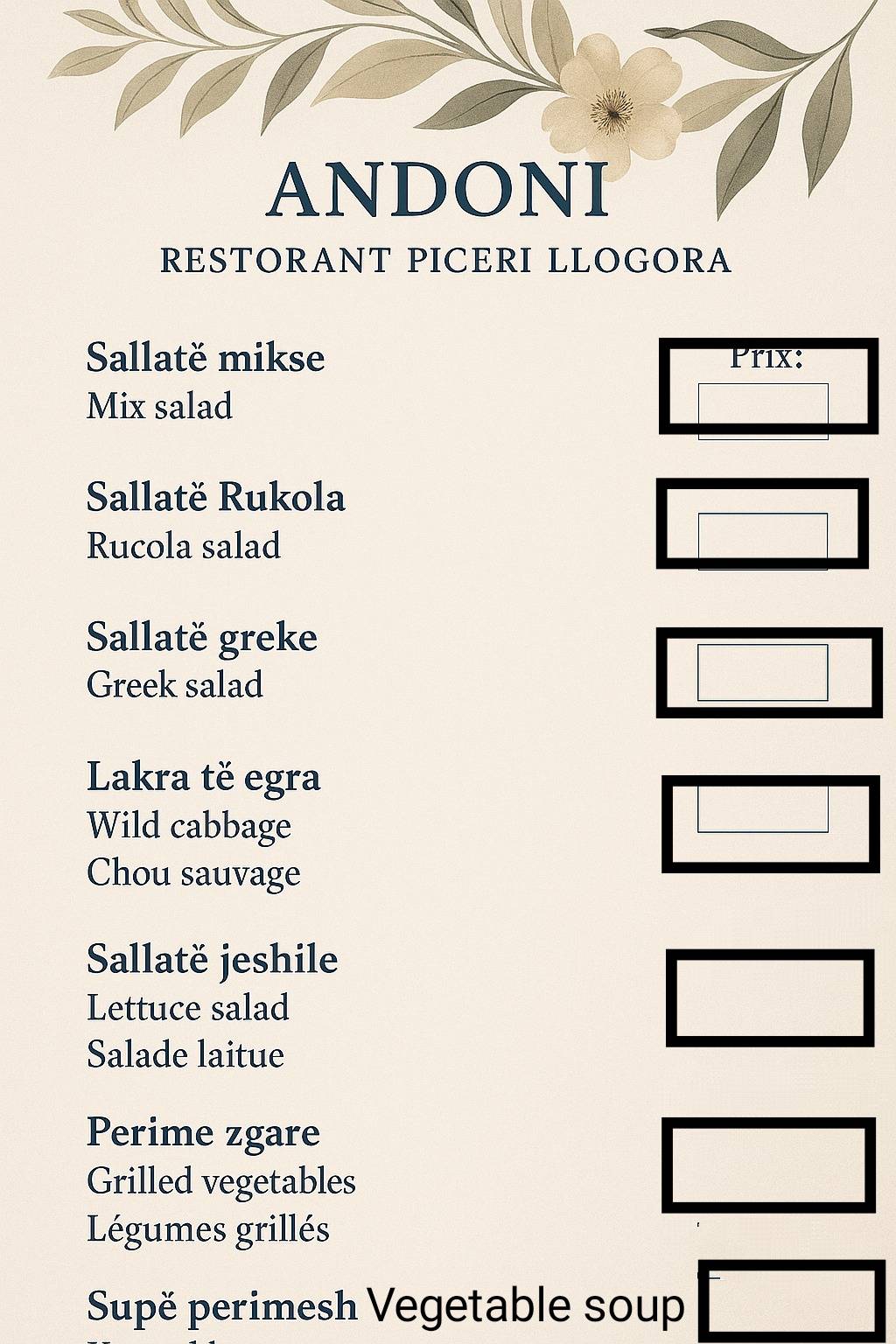 Menu at Andoni Restorant Llogora restaurant, Orikum