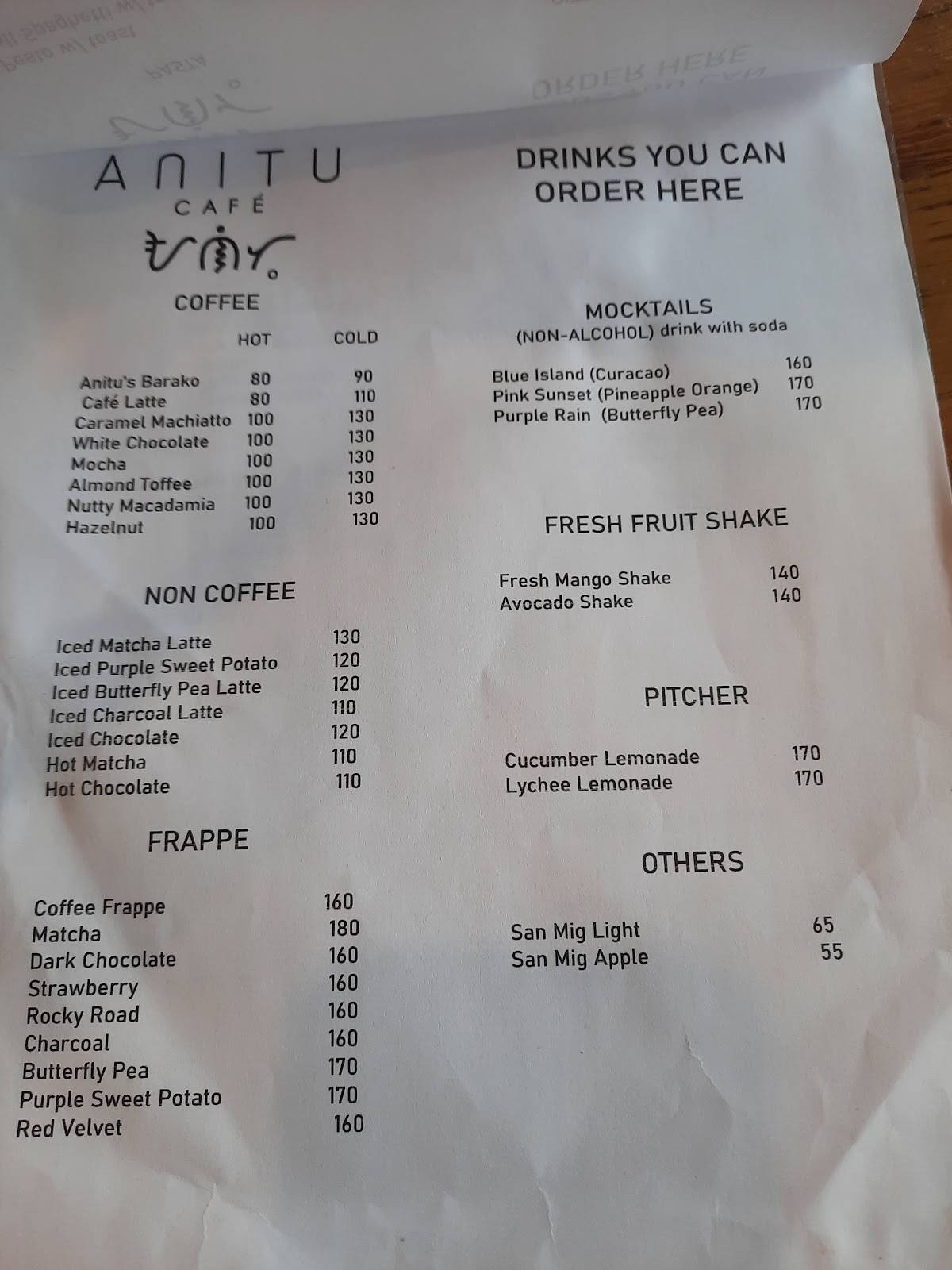 Menu at Anitu Café, Zarraga