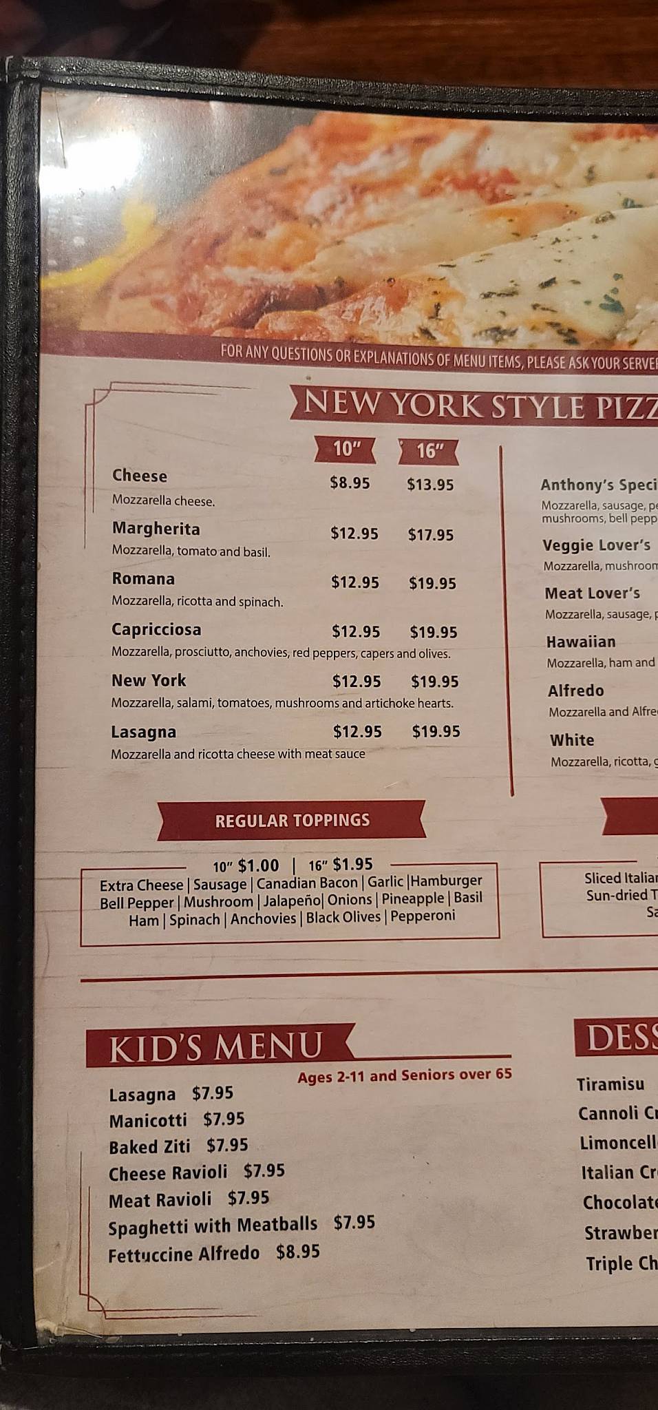 Menu at Anthony's Italian Restaurant, Fort Smith