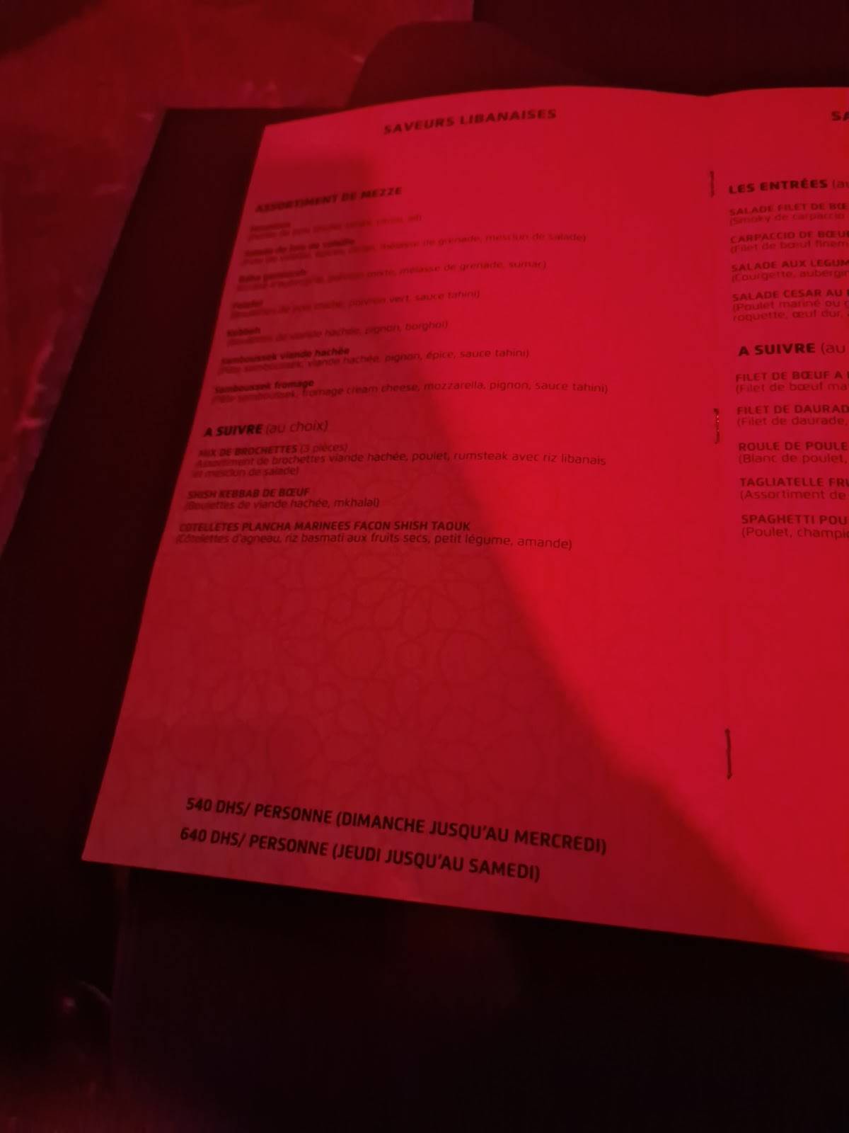 Menu au Antika Casablanca restaurant, Casablanca