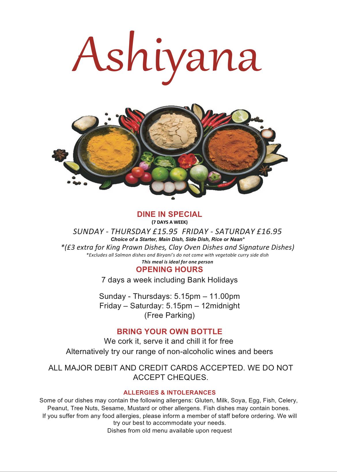 Menu at Ashiyana restaurant, Luton