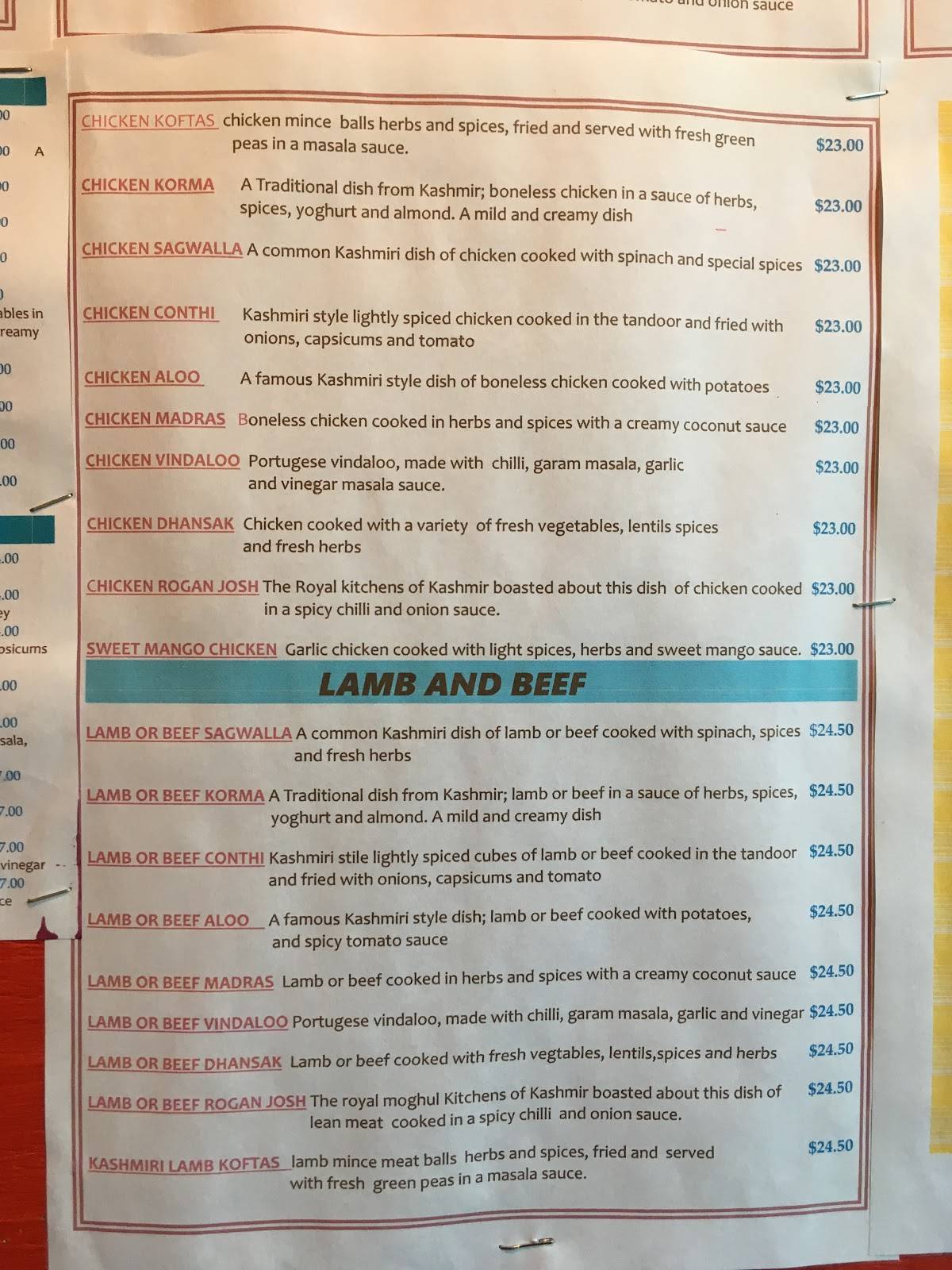 Menu at Ashraf's restaurant, Wanaka