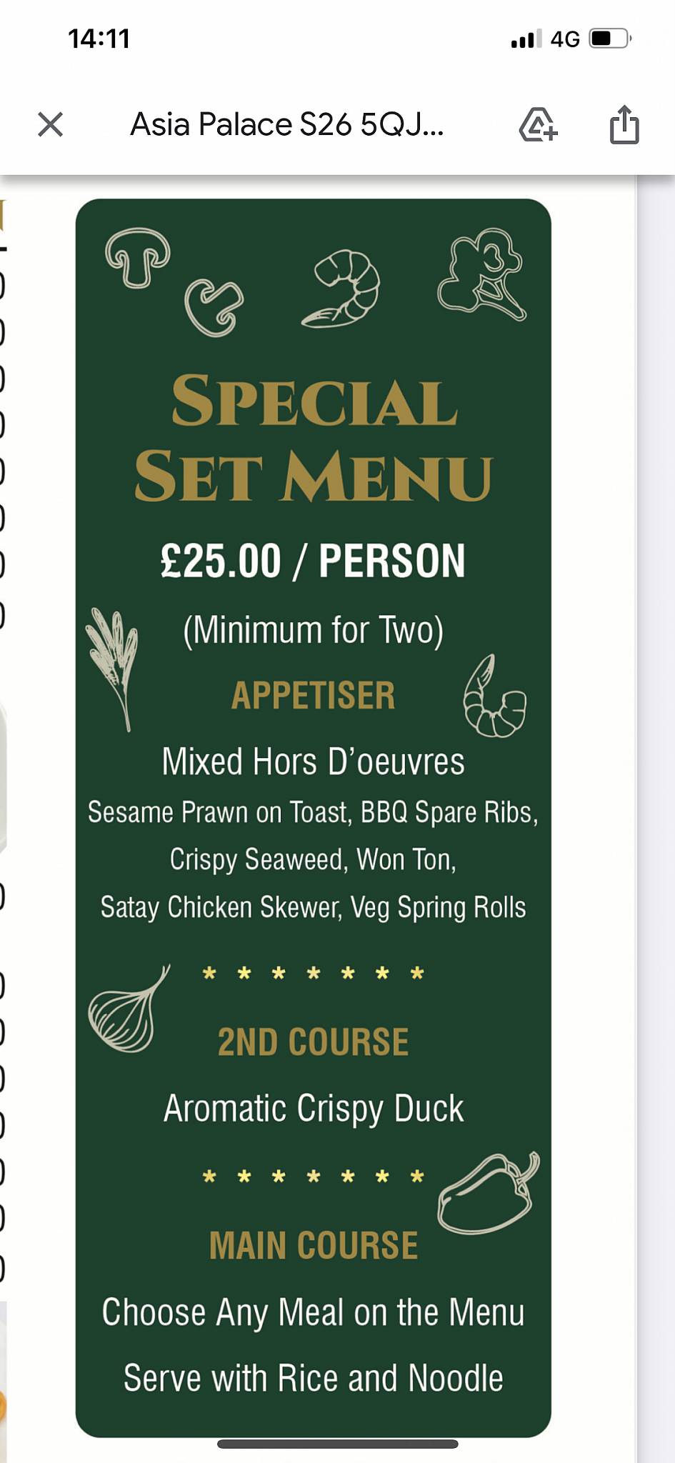 Menu at Asia Palace restaurant, Sheffield