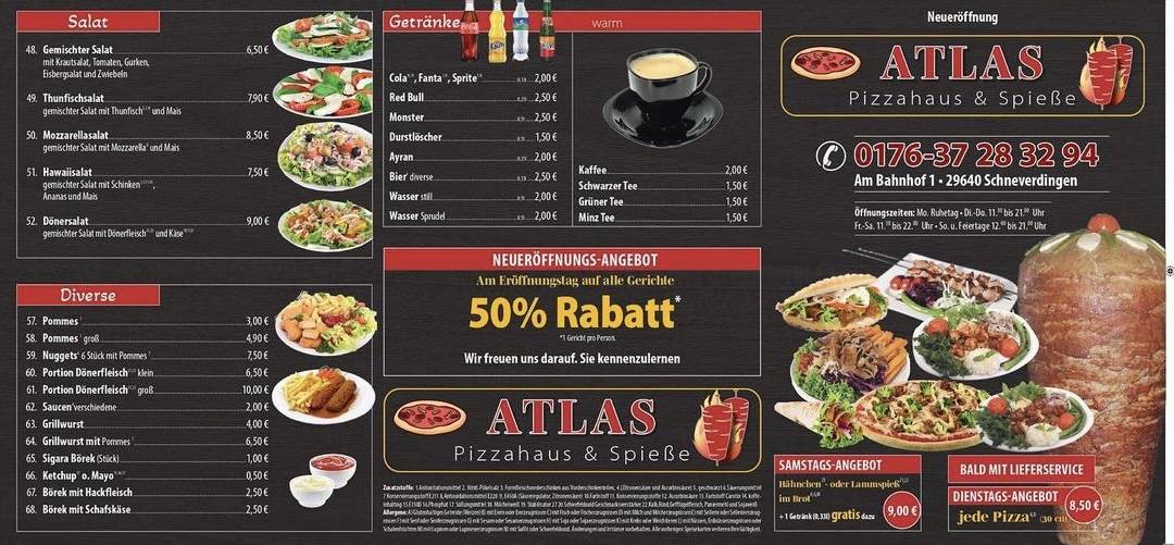 Speisekarte von Atlas Pizzahaus und Spieße, Schneverdingen