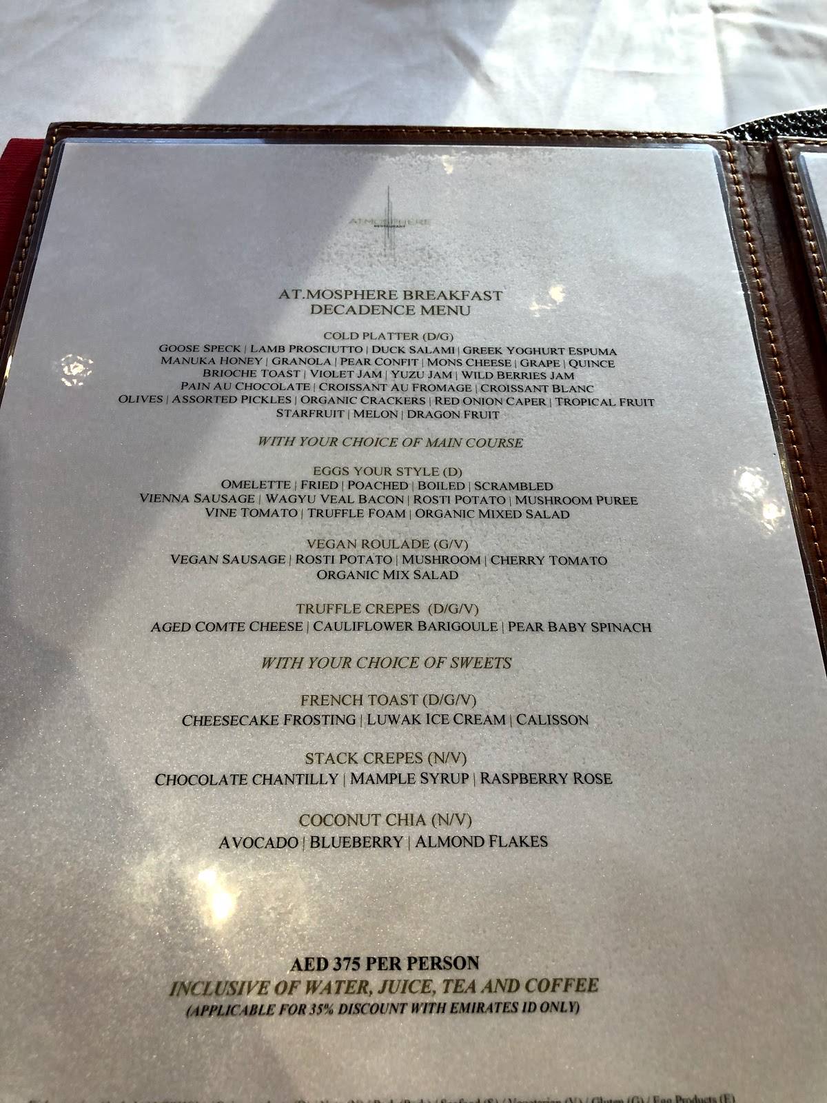 Menu at Atmosphere Burj Khalifa restaurant, Dubai, 57XF+J8R Burj ...
