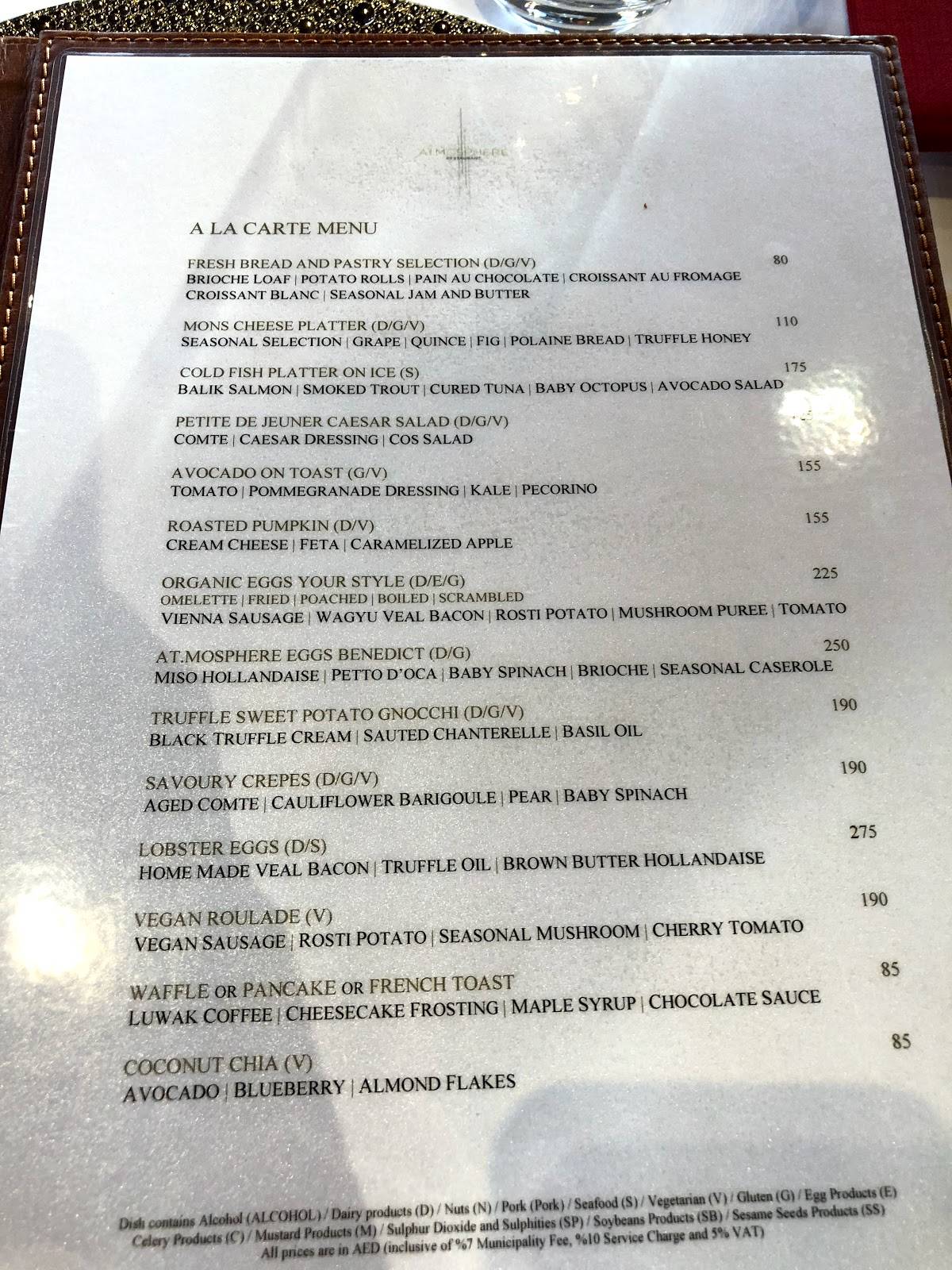 Menu at Atmosphere Burj Khalifa restaurant, Dubai, 57XF+J8R Burj ...