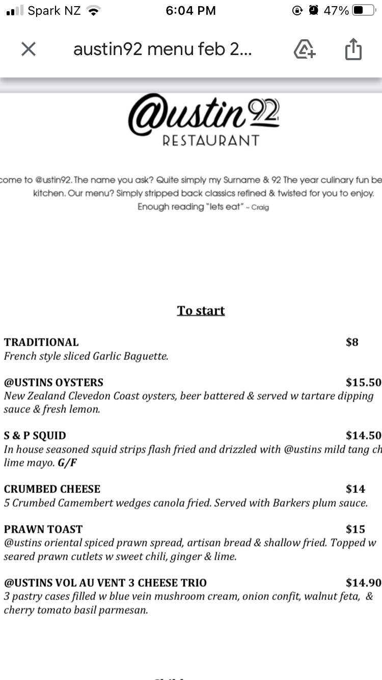 Menu at Austin 92 Restaurant, Temuka