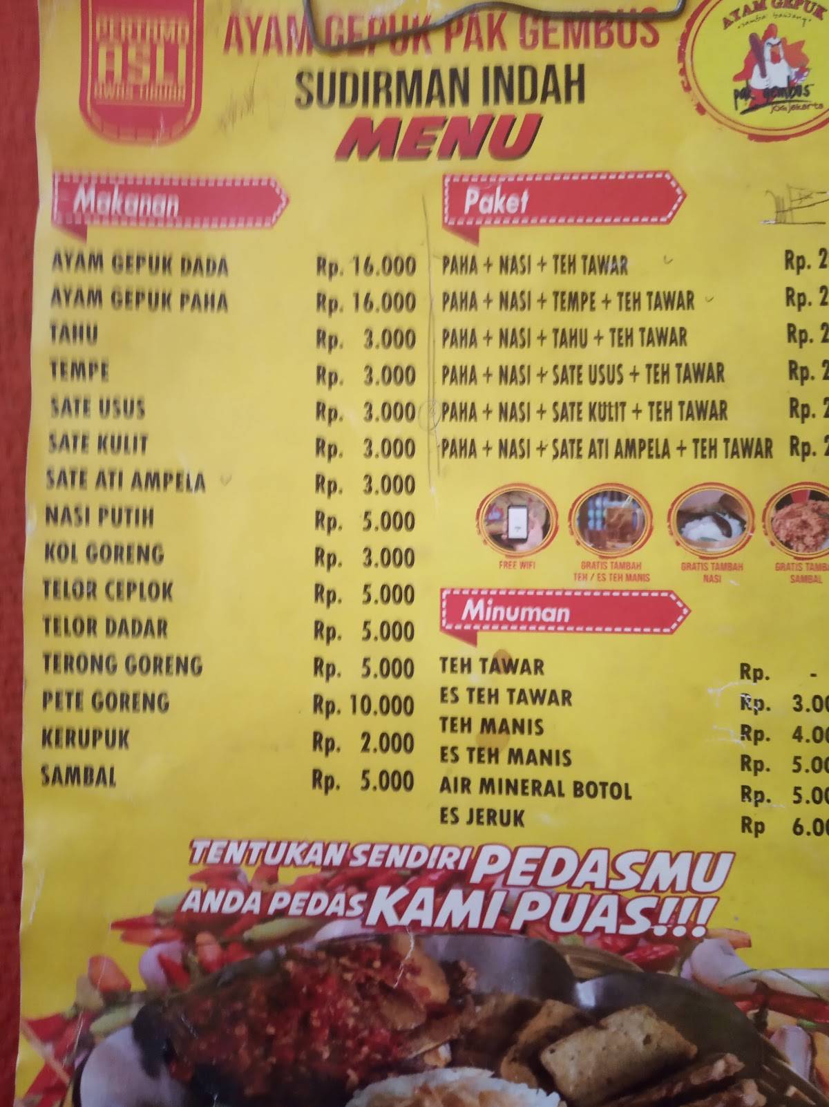 Carta del restaurante Ayam Gepuk Pak Gembus Sudirman Indah, Pasir Nangka