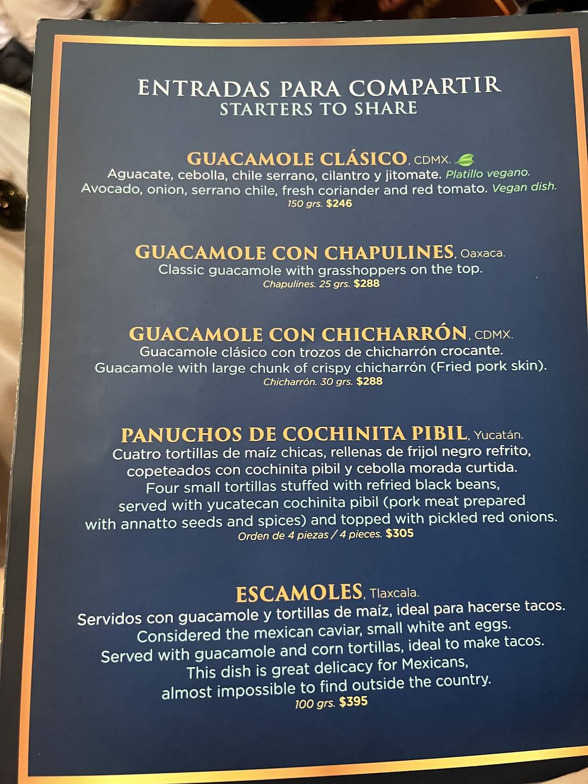 Carta del restaurante Azul Histórico, Ciudad del México