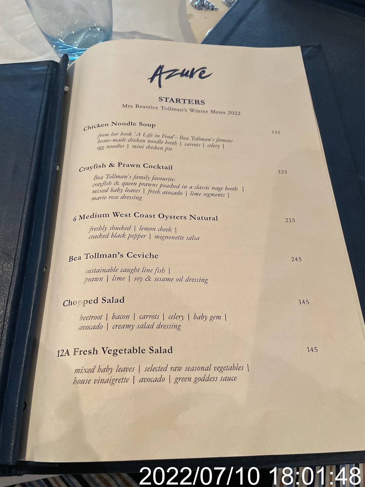Menu au Azure Restaurant, Le Cap, Queen Victoria St