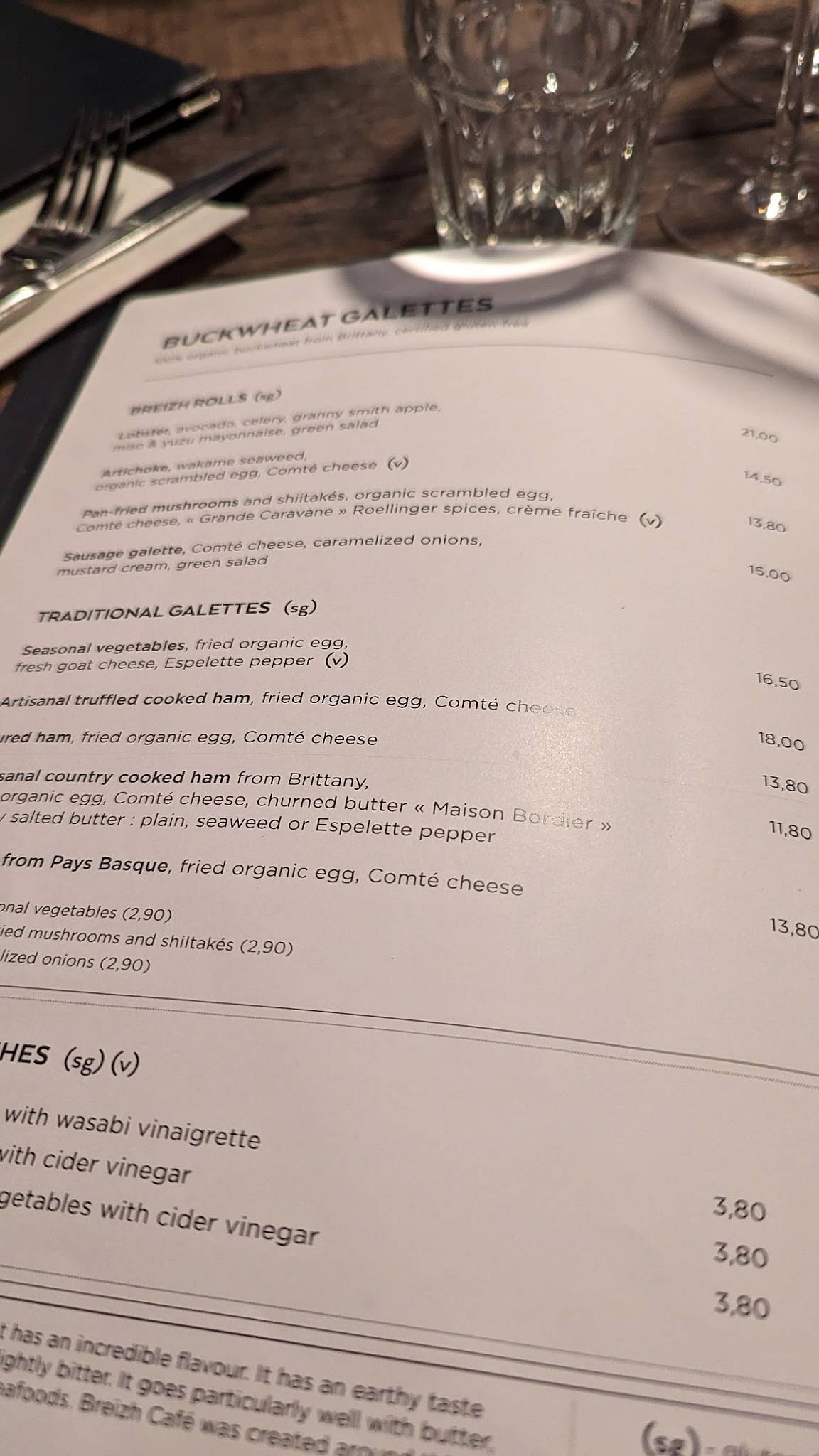 Menu au Breizh Café Batignolles, Paris, 31 rue des Batignolles