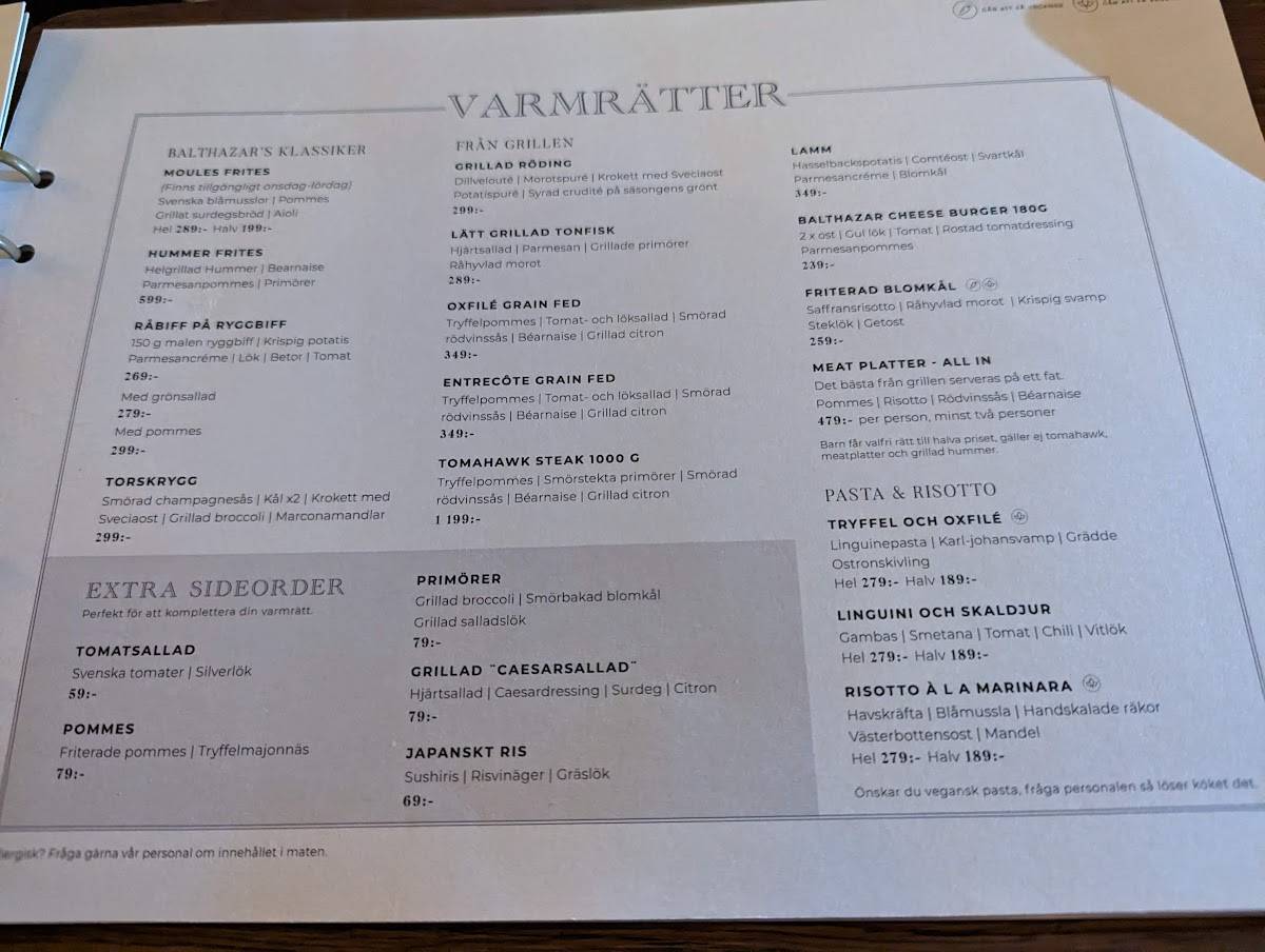 Menu at Balthazar restaurant, Borås