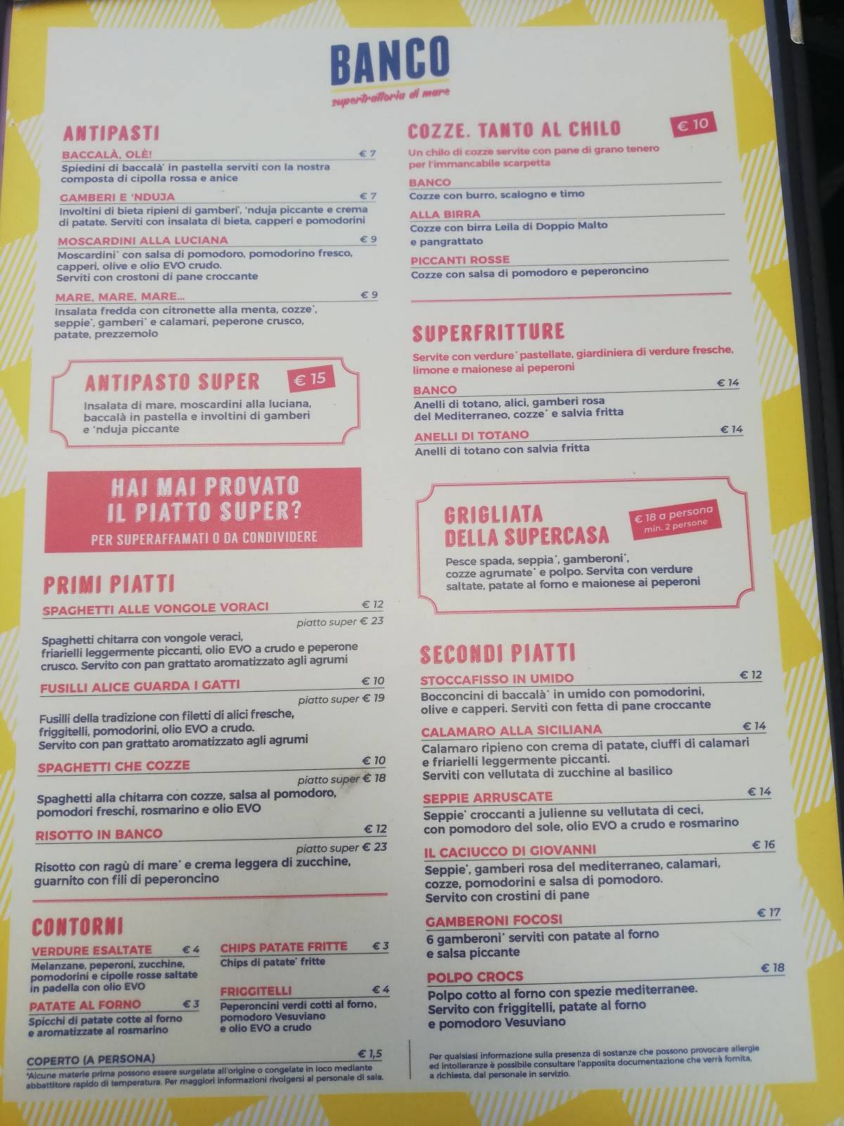 Menu da Banco Supertrattoria di mare ristorante, Locate di Triulzi