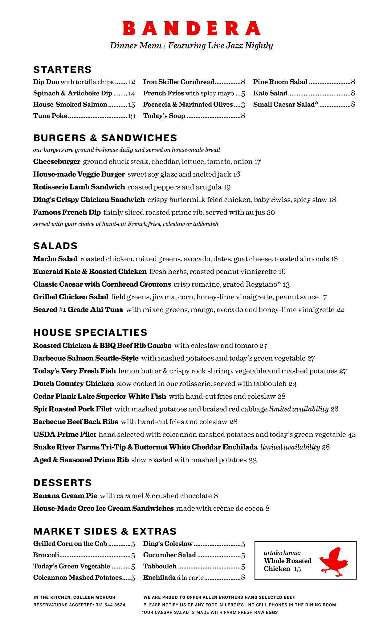 Menu at Bandera restaurant, Chicago