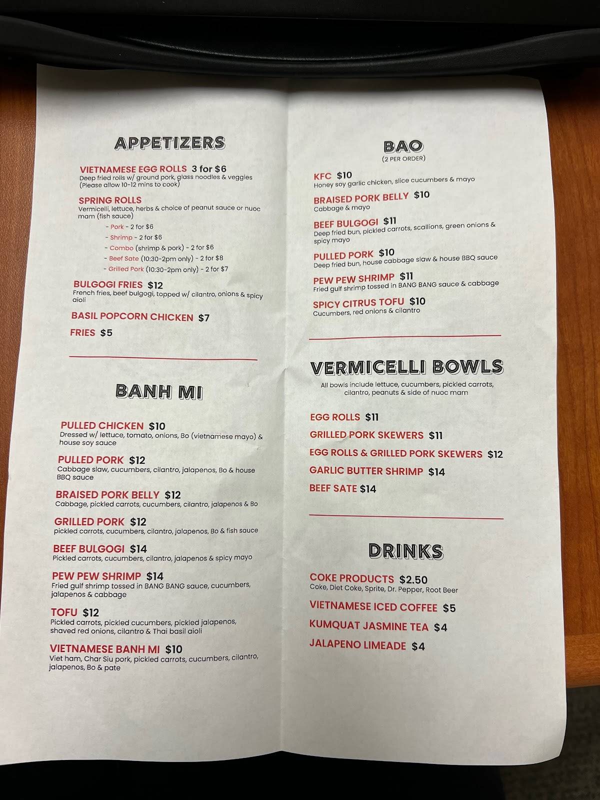 Carta del restaurante Bao Mi, Nueva Orleans