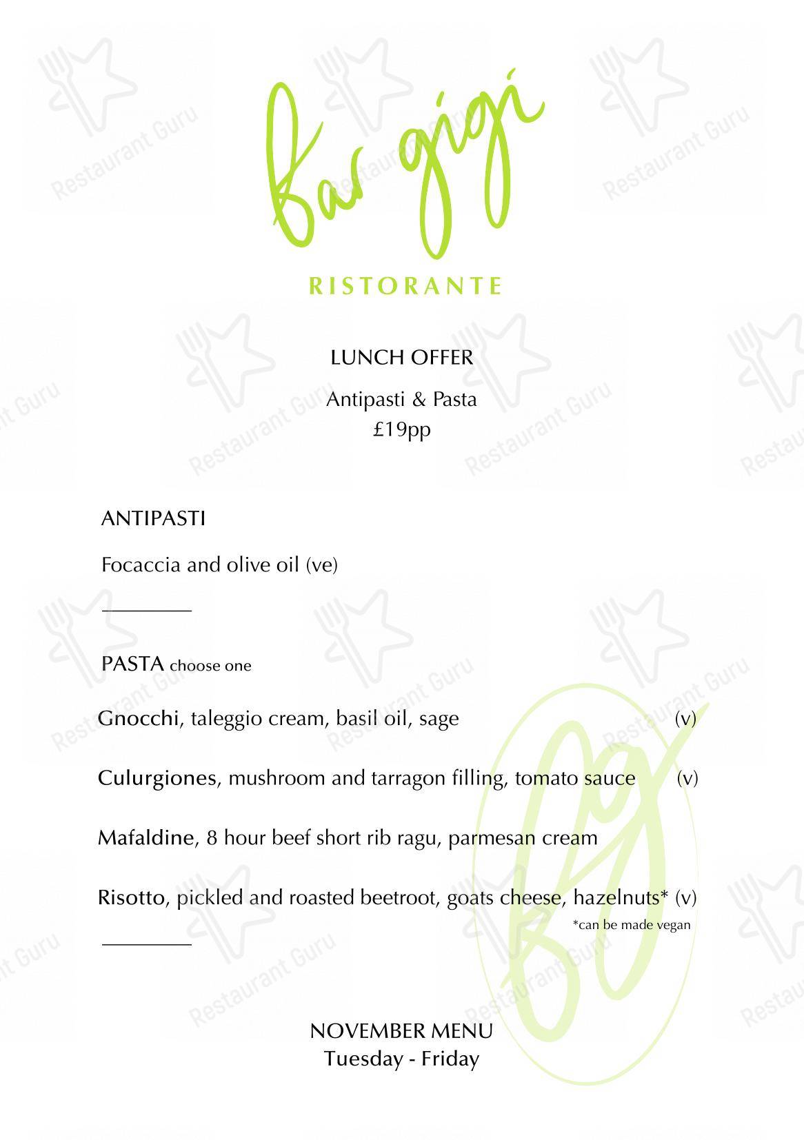 Menu at Restaurant Bar Gigi, Nottingham