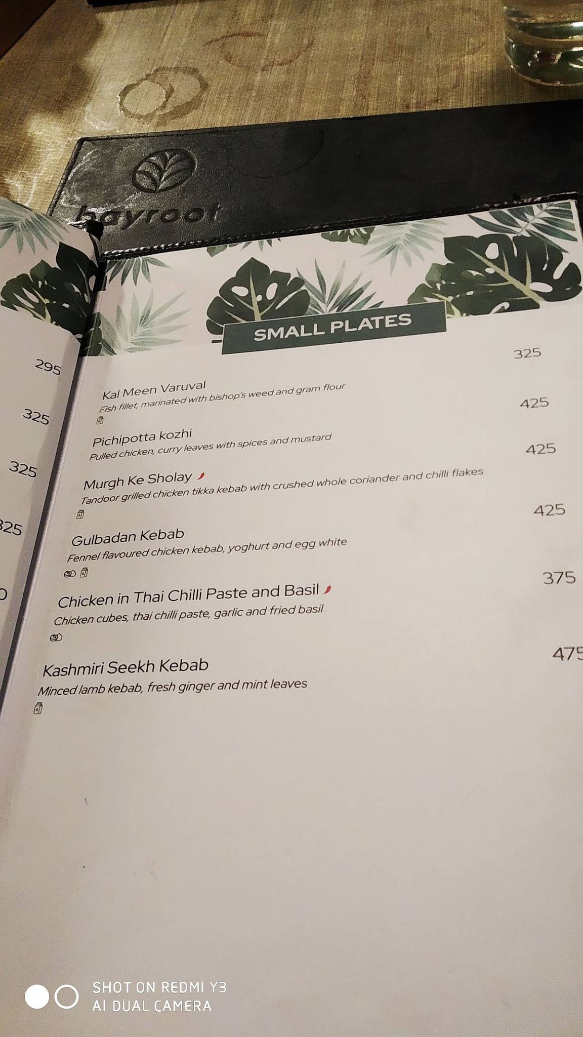 Menu at Bayroot, Chennai