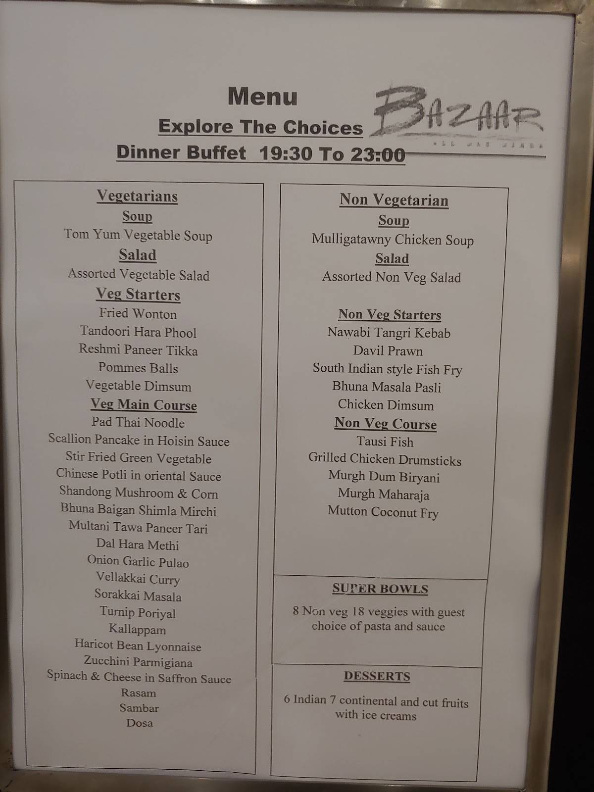 Menu at Bazaar, Chennai, 120