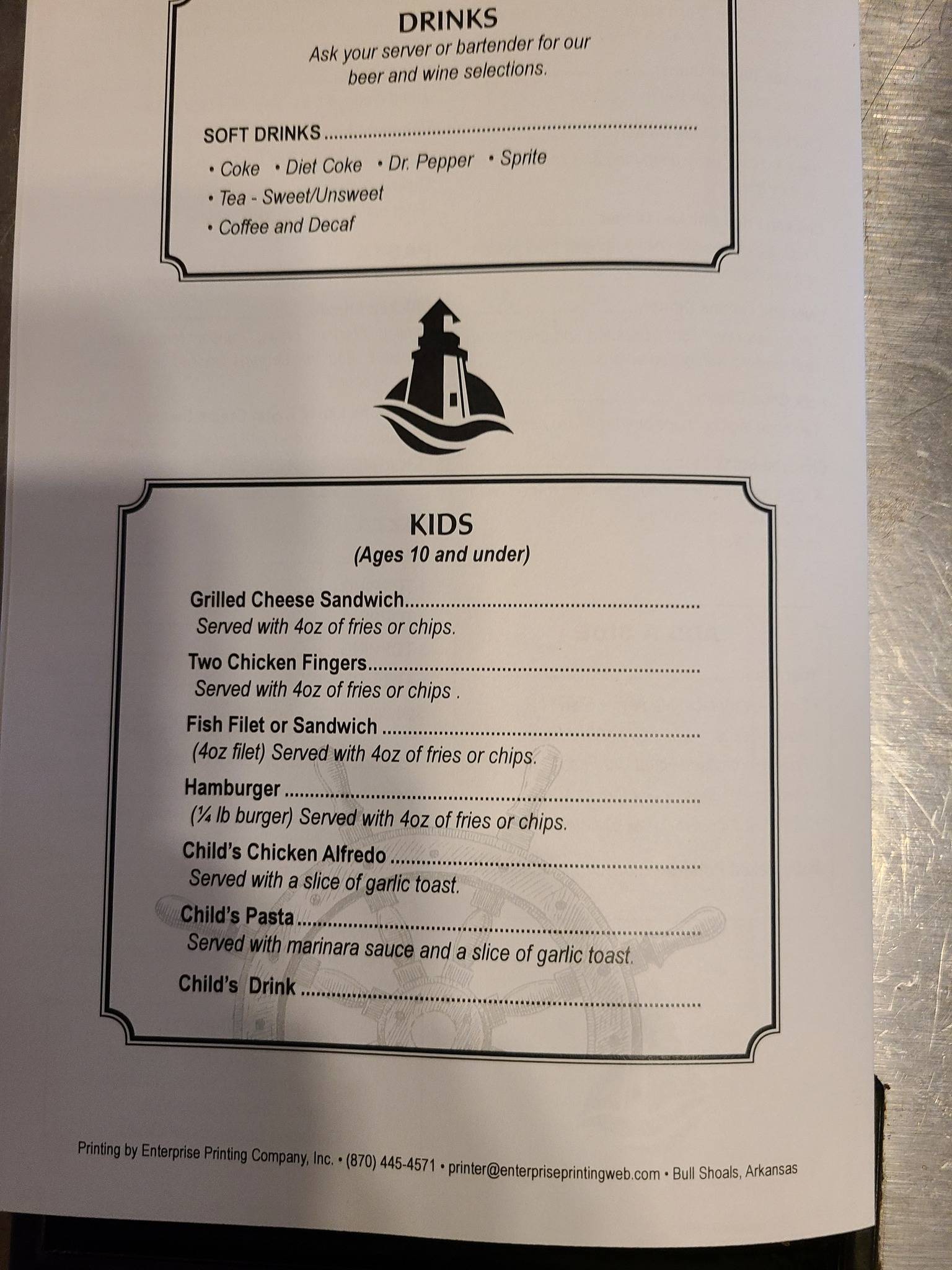 Menu at Beacon Point Restaurant, Lakeview