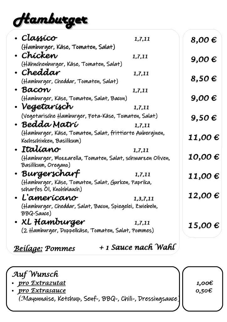 Speisekarte von Bedda Matri - Pizzeria & Hamburgeria, Velpke
