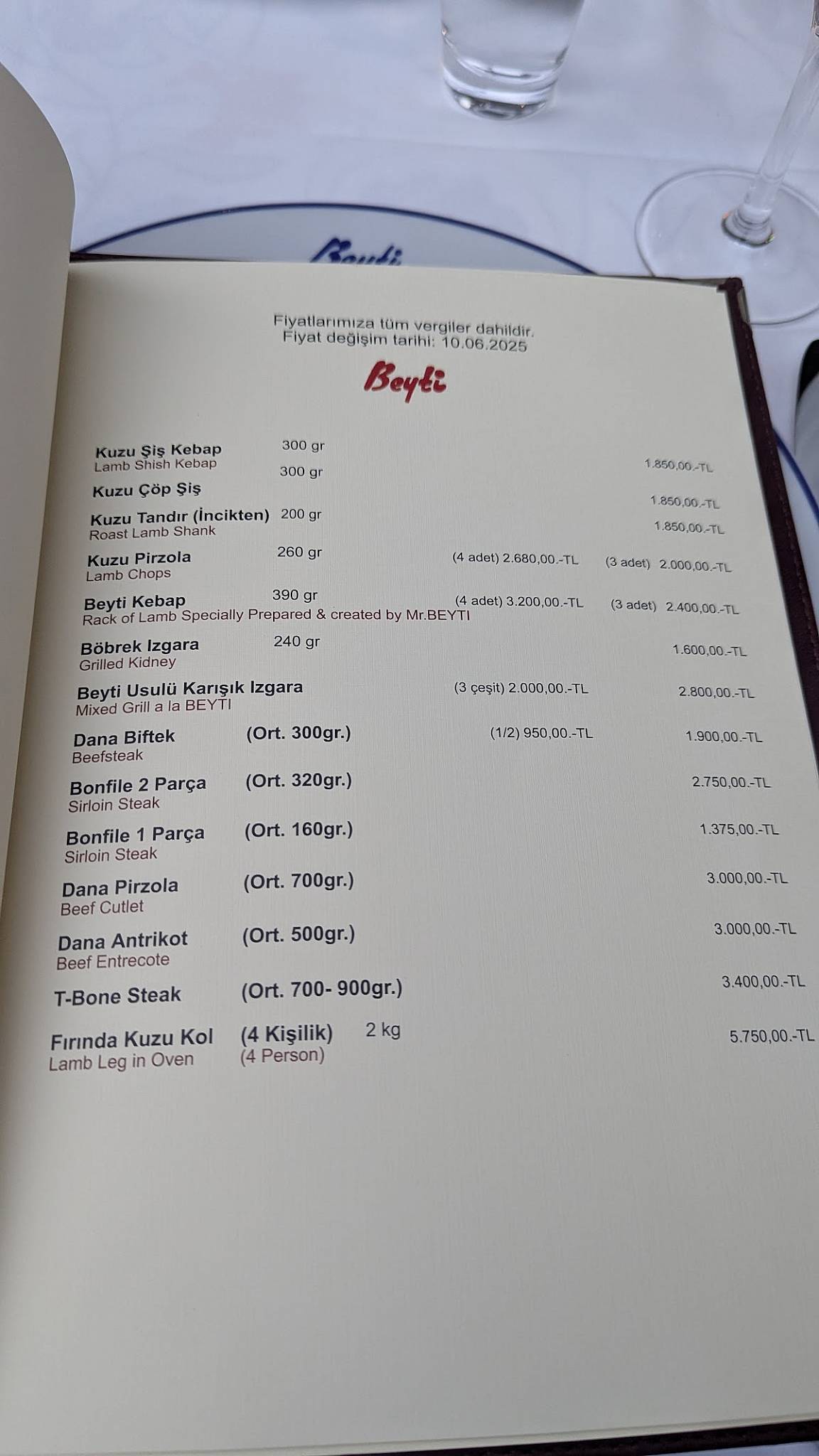 Menu at Beyti, Istanbul, Florya
