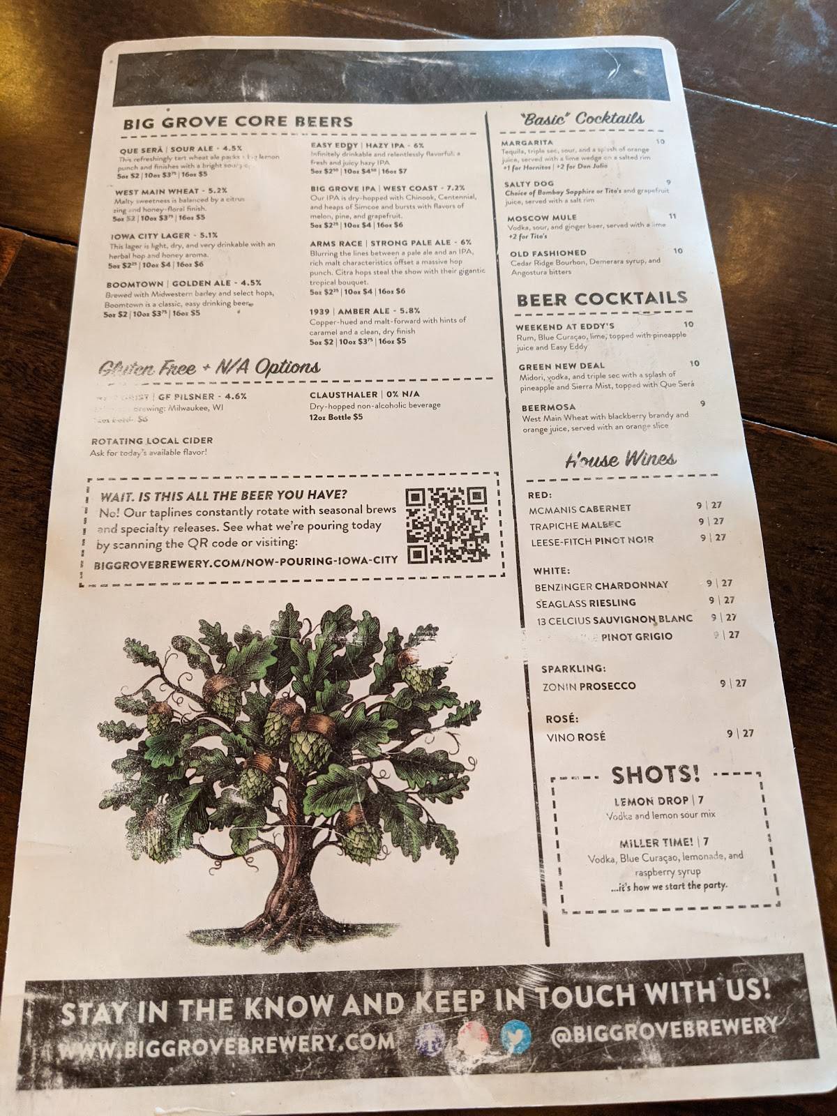 Menu at Big Grove Brewery & Taproom restaurant, Iowa City