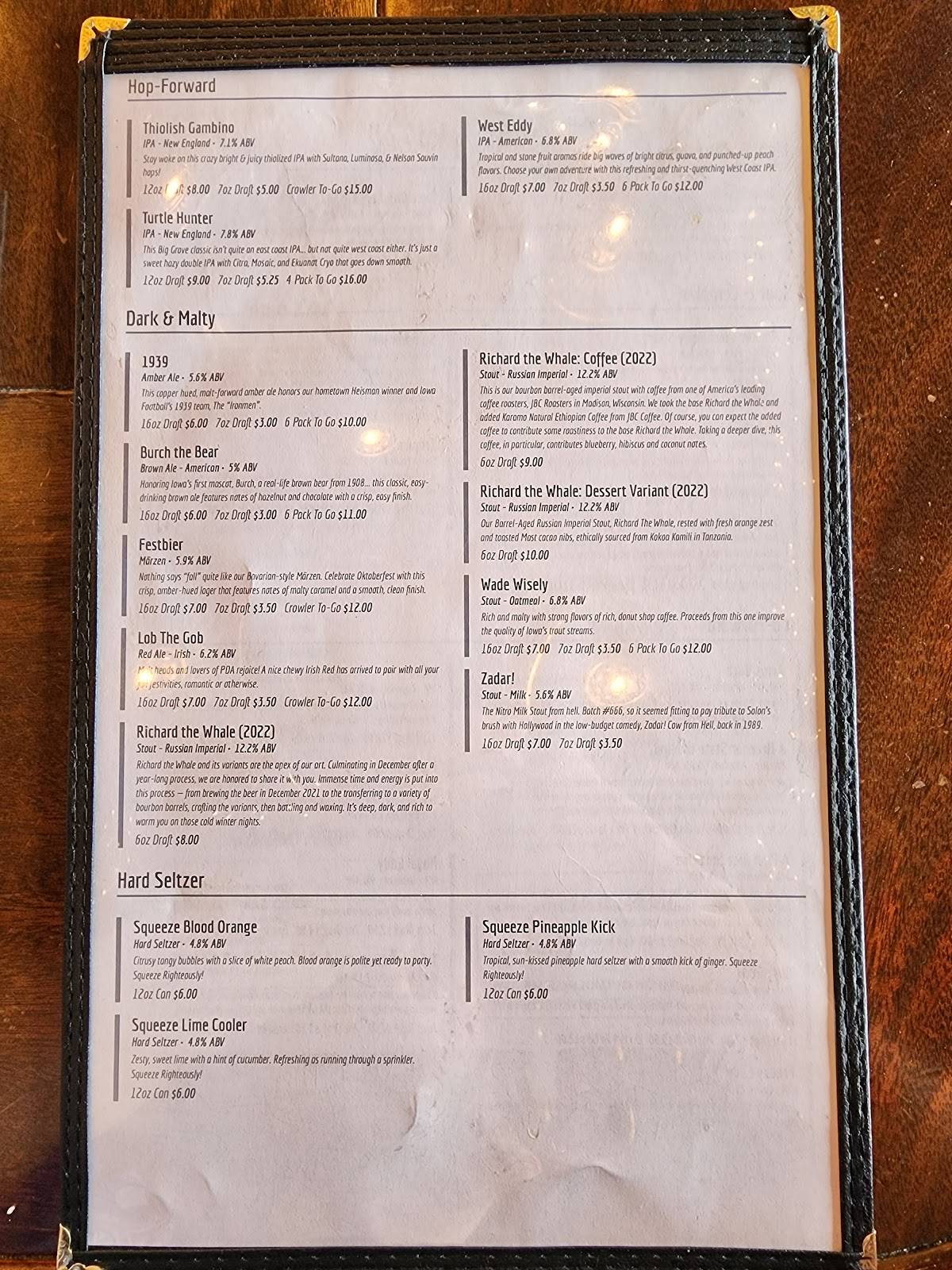 Menu at Big Grove Brewery & Taproom restaurant, Iowa City
