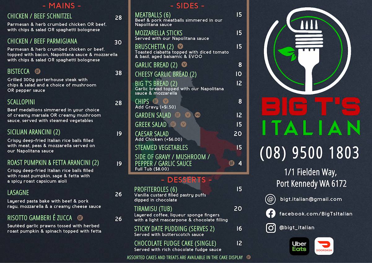 Menu at Big T's Italian restaurant, Port Kennedy