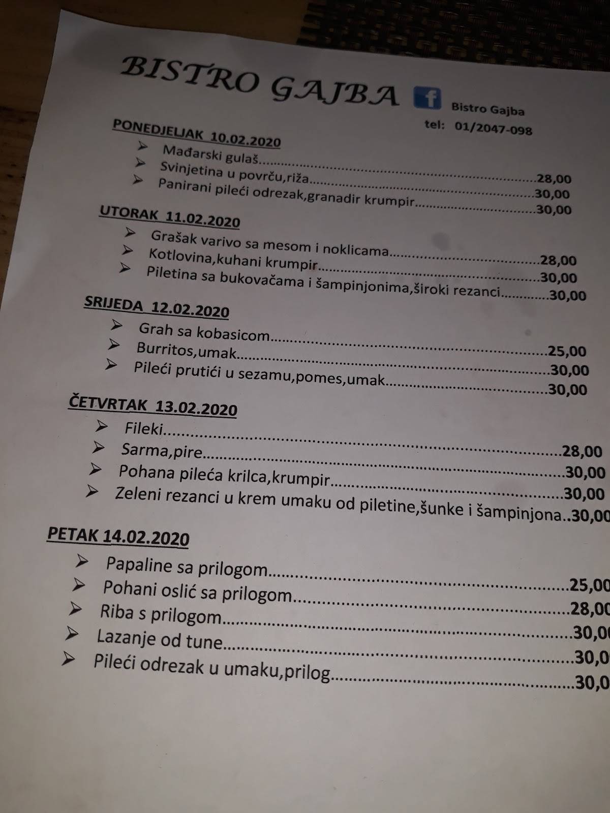 Menu at Bistro Gajba restaurant, Sesvete