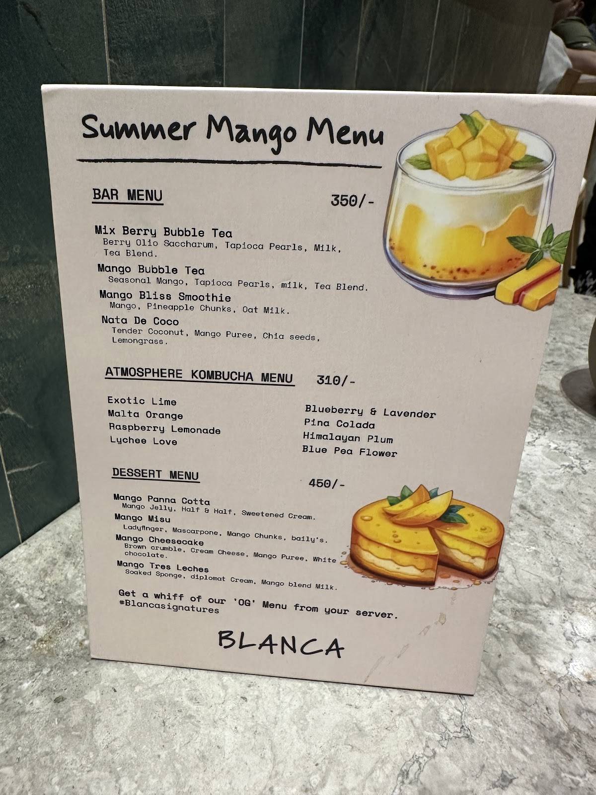 Menu at Blanca, New Delhi