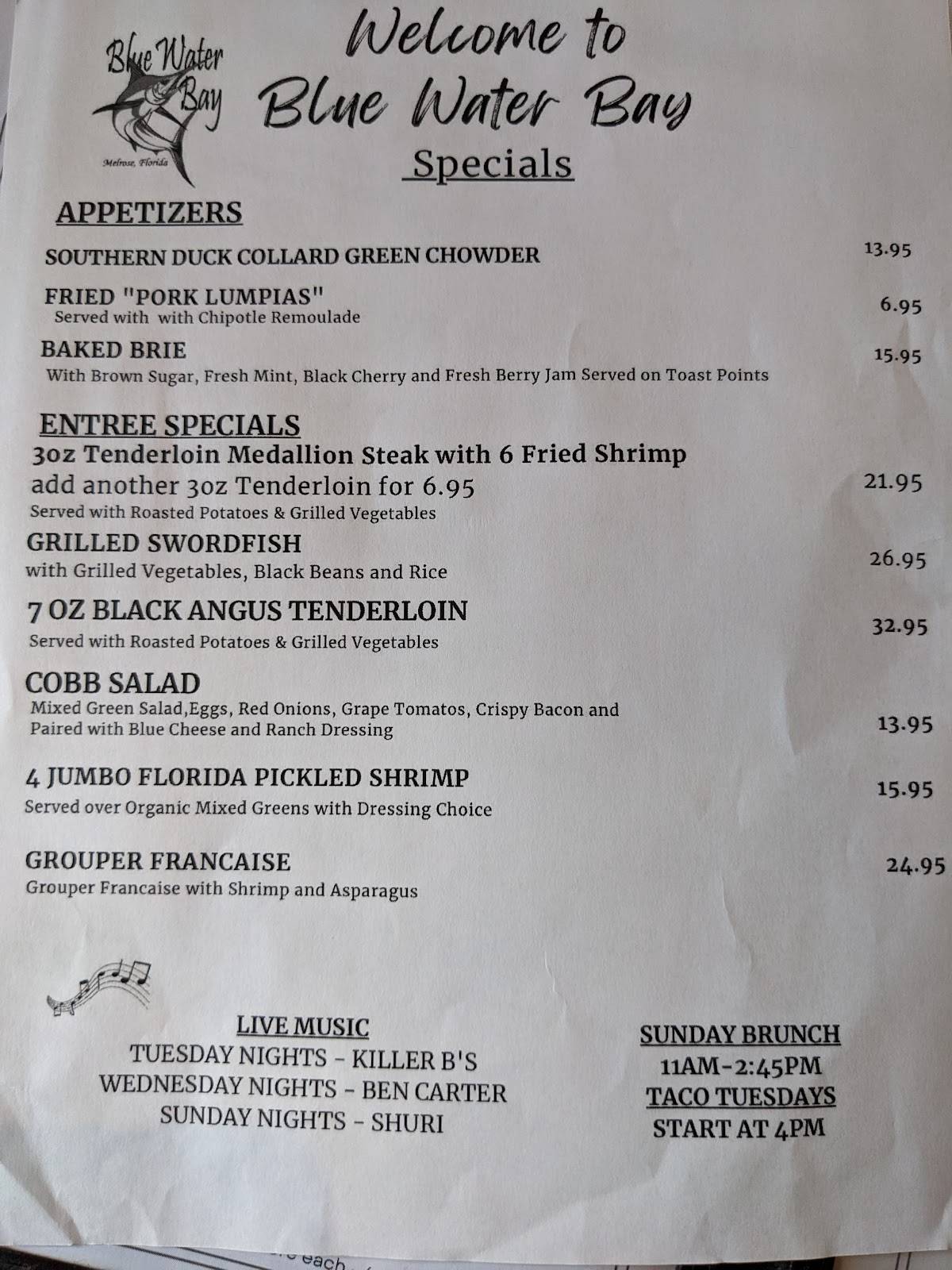 Menu at Blue Water Bay restaurant, Melrose