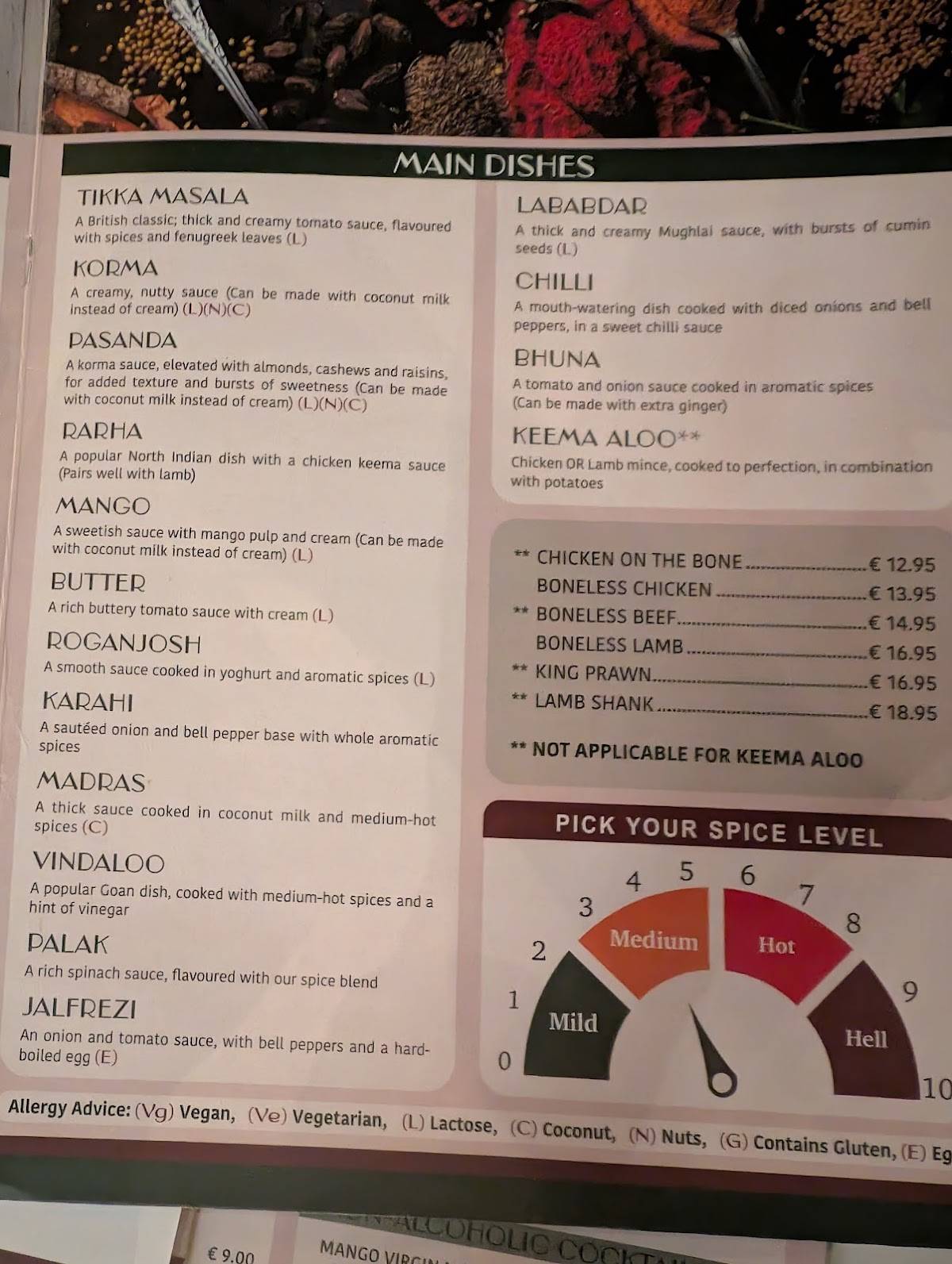 Menu at Boa Malta restaurant, Birgu