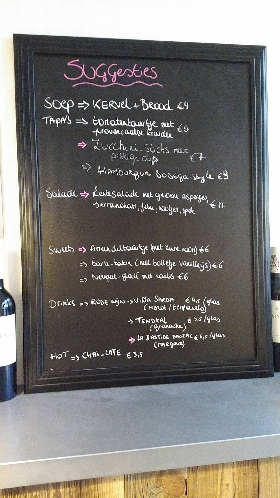 Menu at Bodega Gent, Ghent, Kon. Elisabethlaan 57