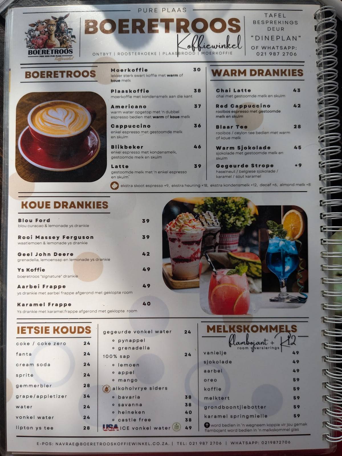 Menu at Boeretroos Koffiewinkel restaurant, Cape Town, 36 Suikerbekkie W St